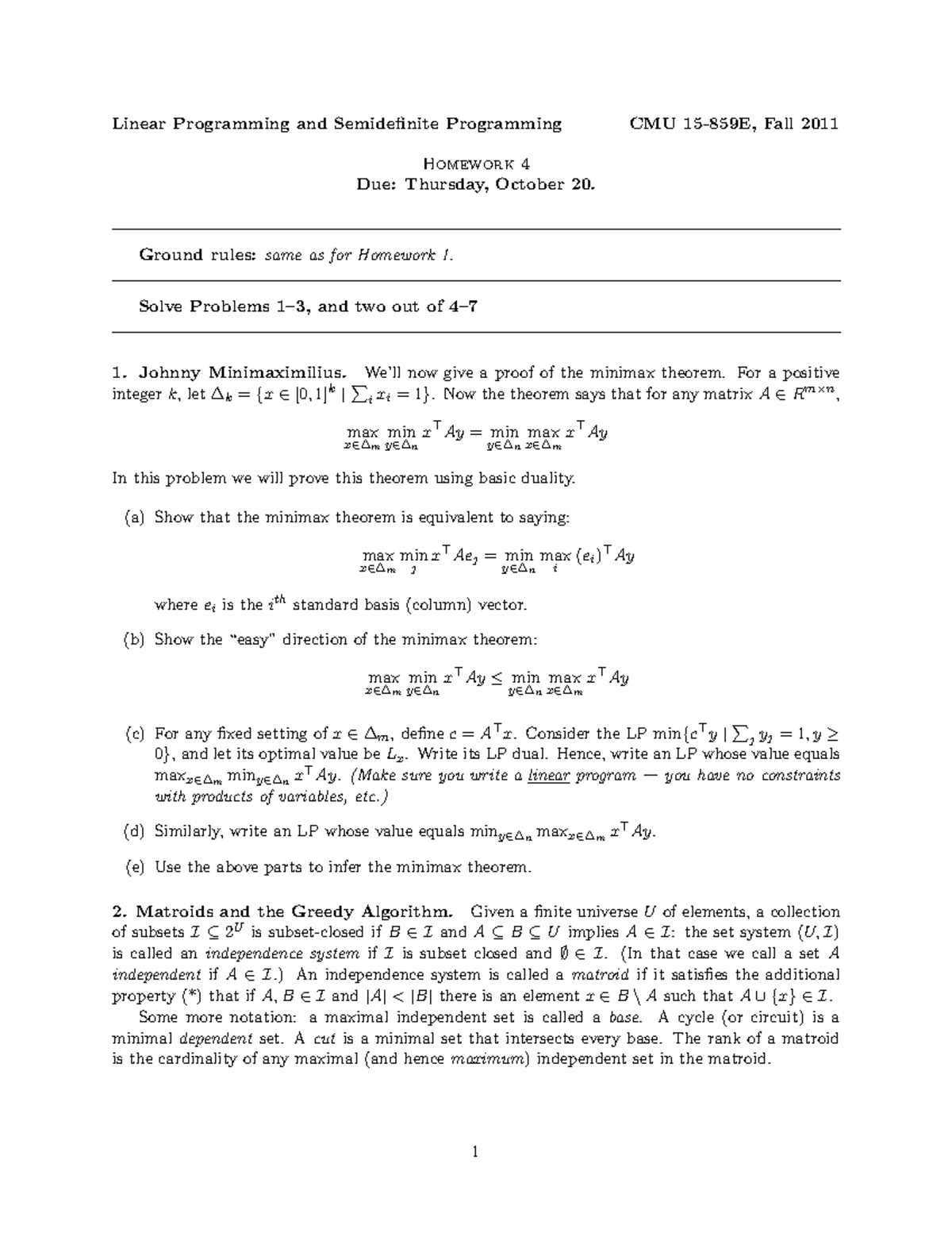 Homework 4 Linear And Semidefinite Programming By Anupam Gupta And Ryan O Donnell Linear