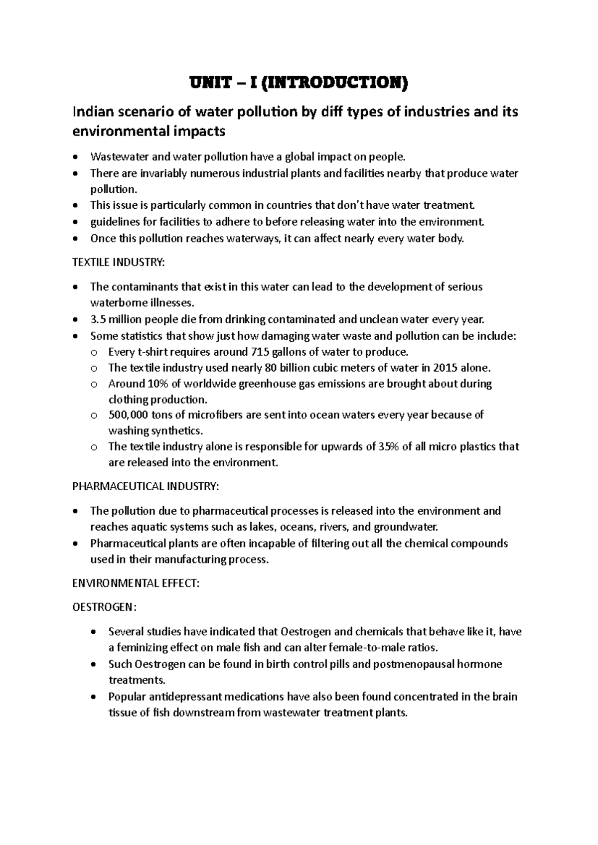 UNIT 1 - Introduction - UNIT – I (INTRODUCTION) Indian scenario of water pollution by diff types ...