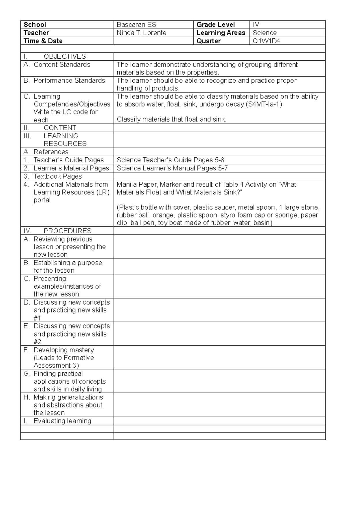 DLP - Detailed Lesson Plan Sample - School Bascaran ES Grade Level IV ...