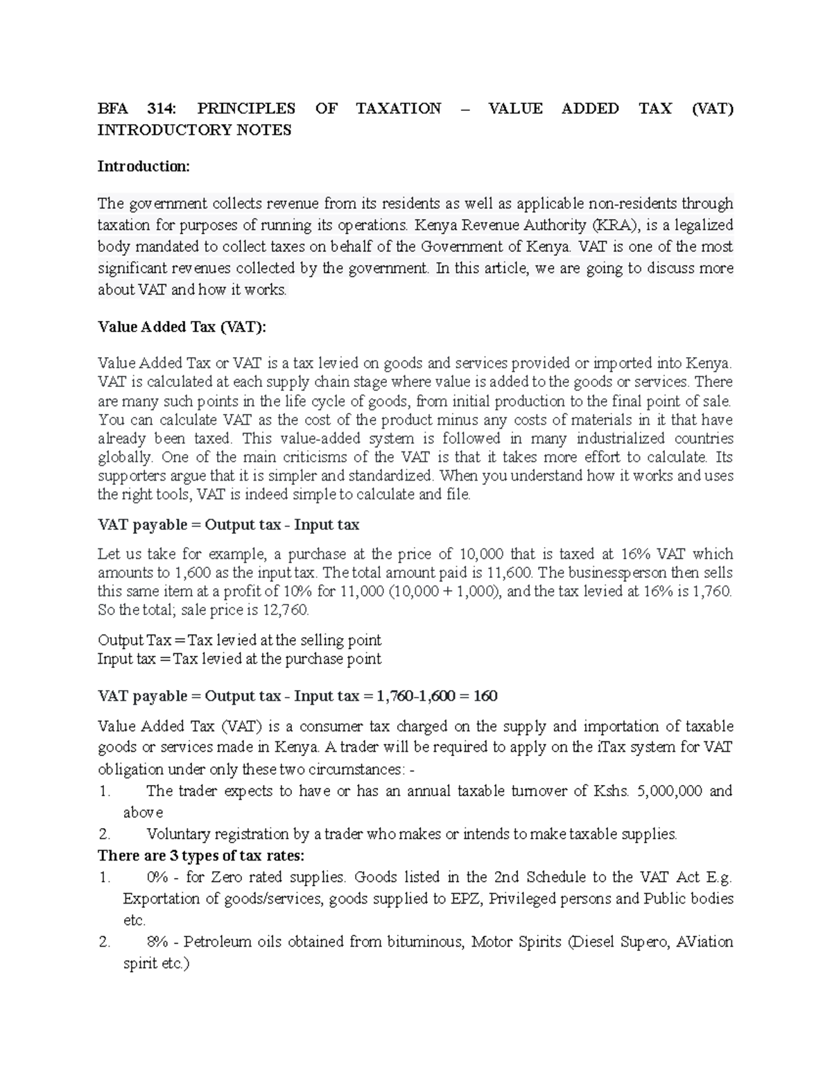 BFA 314 - Principles OF Taxation - Determination OF Value Added TAX ...