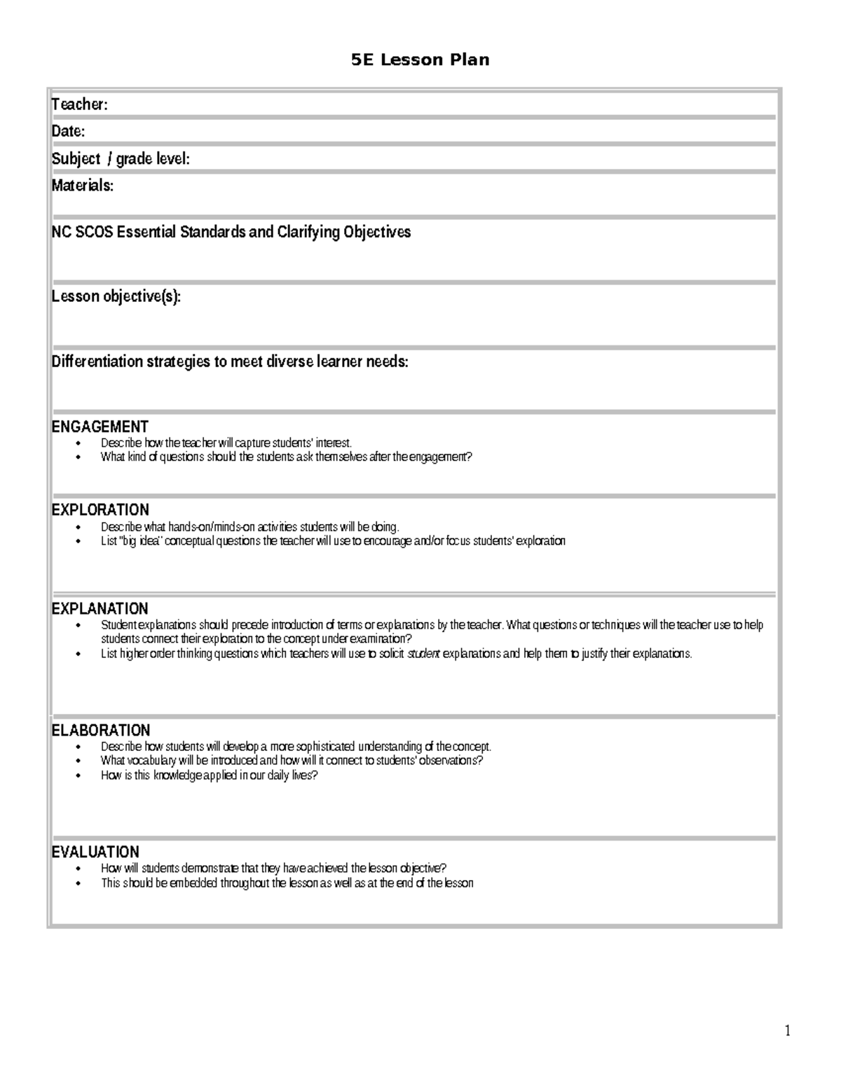 5e lesson plan format - 5E Lesson Plan Teacher: Date: Subject / grade ...
