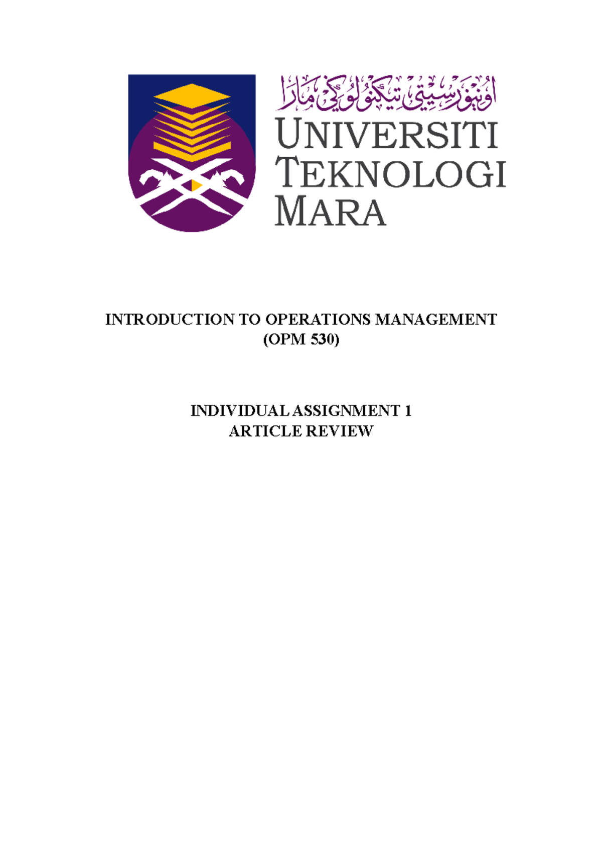 Article review - Grade: A - INTRODUCTION TO OPERATIONS MANAGEMENT (OPM ...