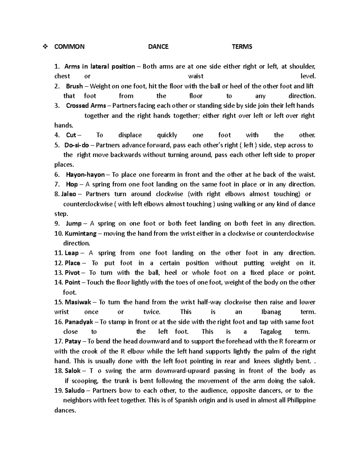 Week 56 - need to study - COMMON DANCE TERMS Arms in lateral position ...