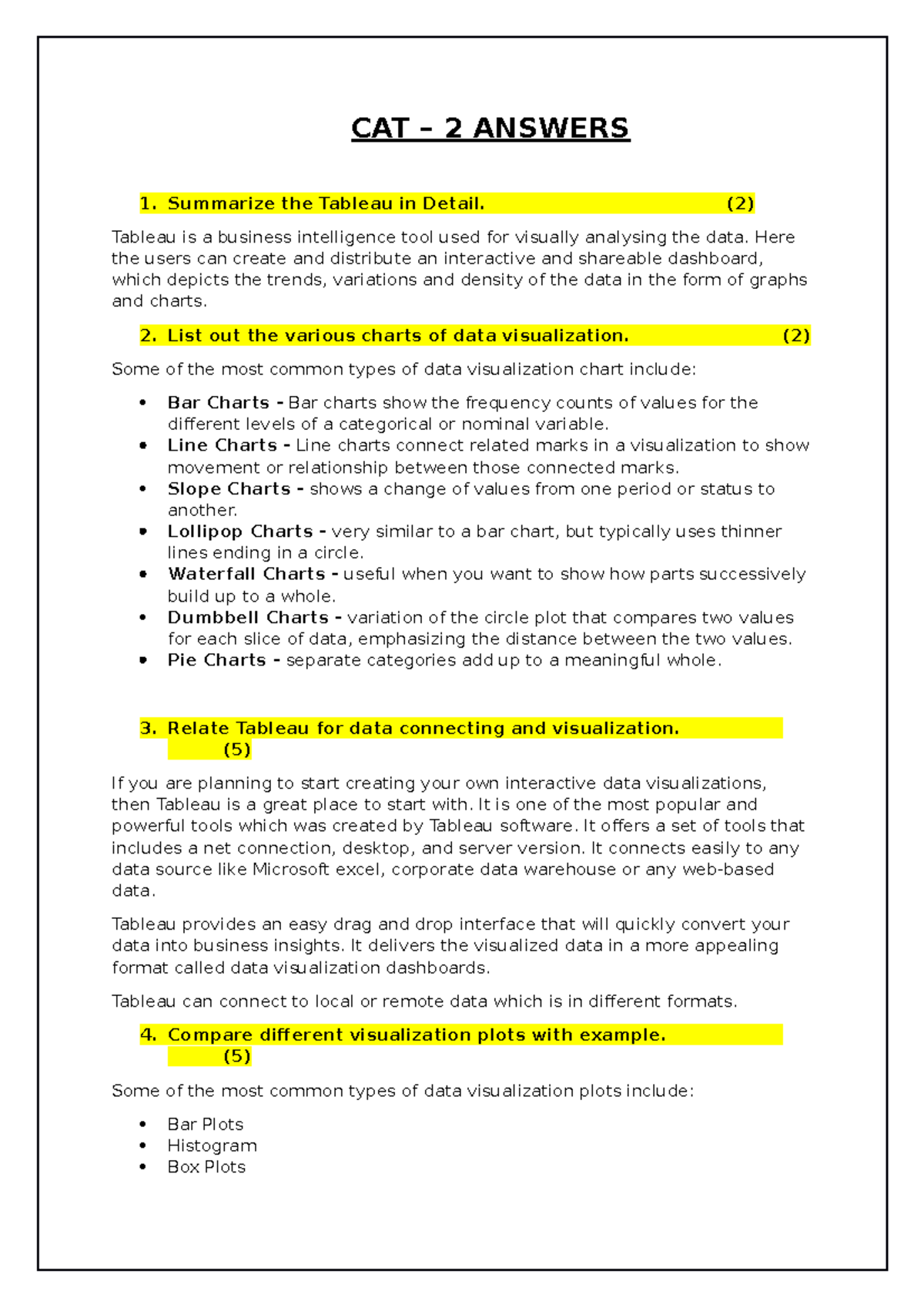 Cat 2 answers - Solution of second sessional exam - CAT – 2 ANSWERS 1 ...