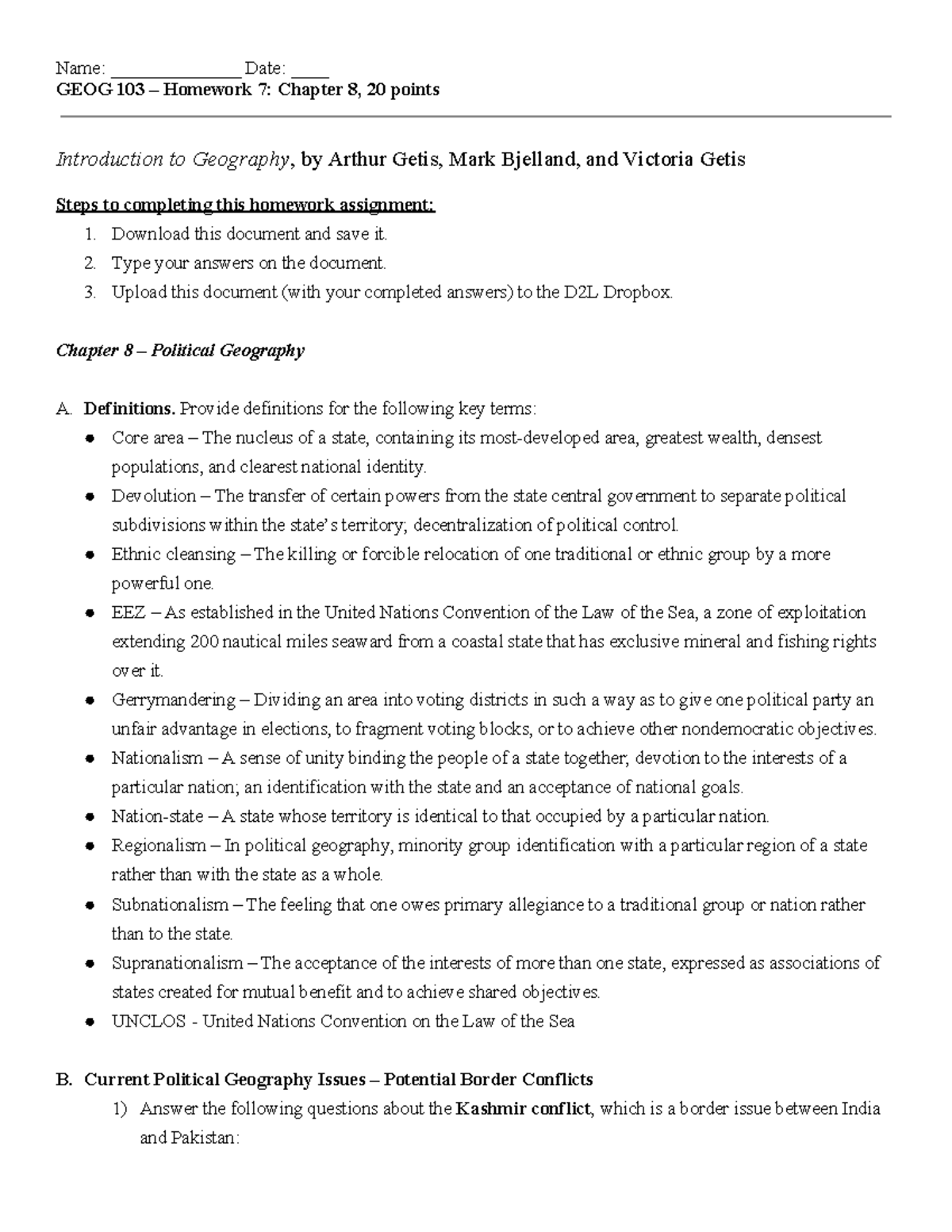 GEOG 100 Hw 7 Ch 8 - Geography homework number 7 for chapter 8 - Name ...