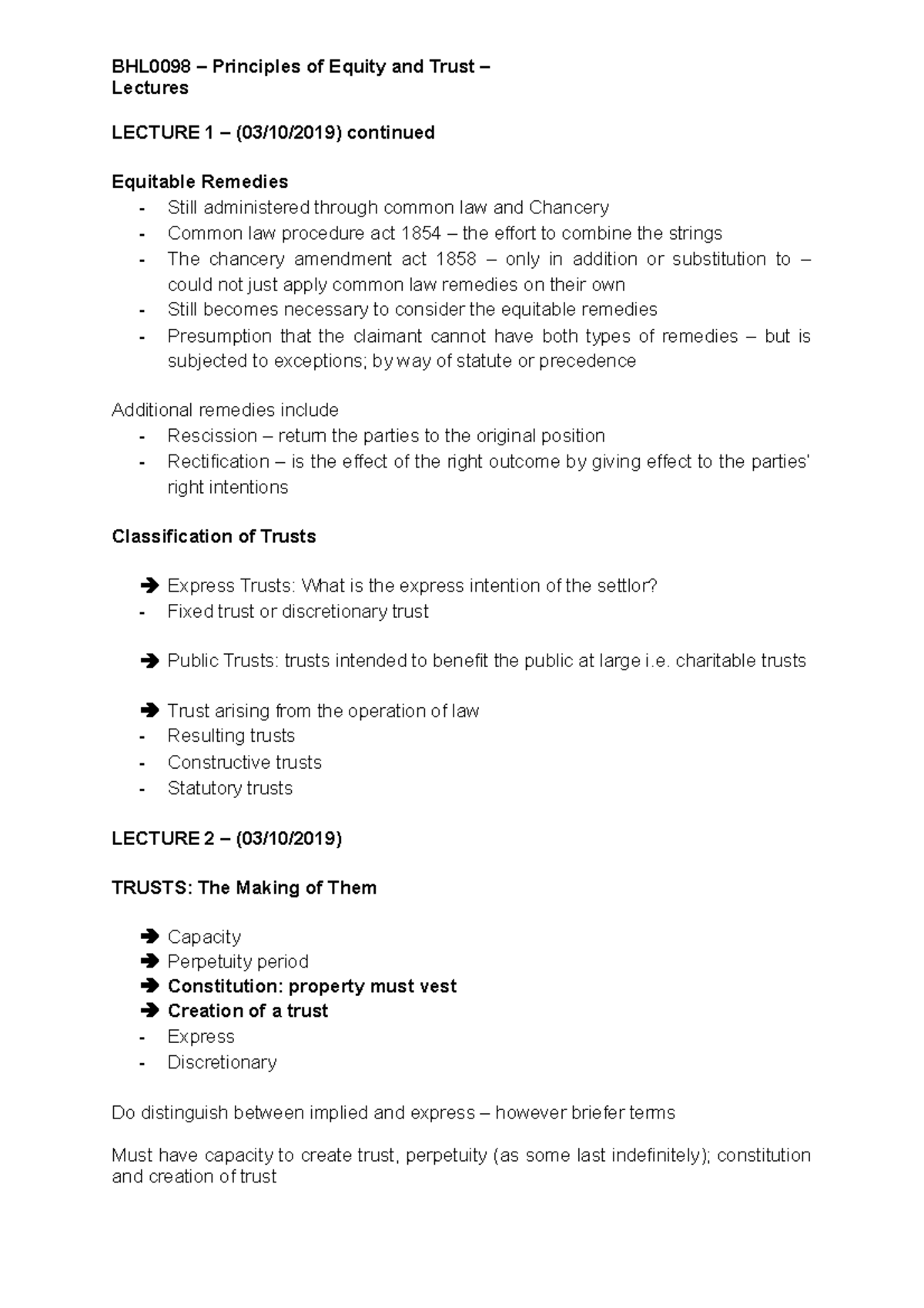 Lecture 2 - Constitution of a trust - Lectures LECTURE 1 – (03/10/2019 ...