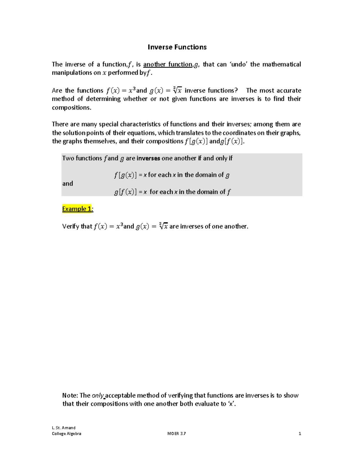 3 7 Inverse Functions Math Notes L St Amand Inverse Functions The