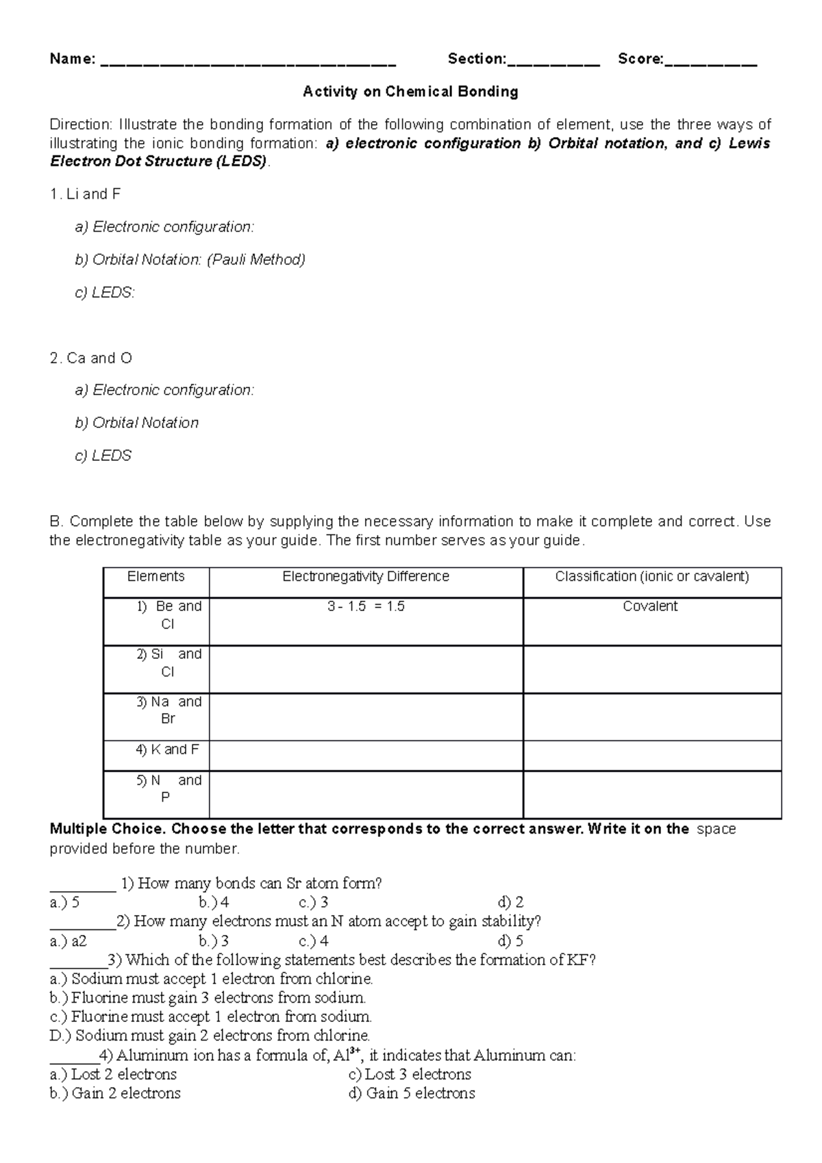 Activity on Chemical Bonding - Name ...