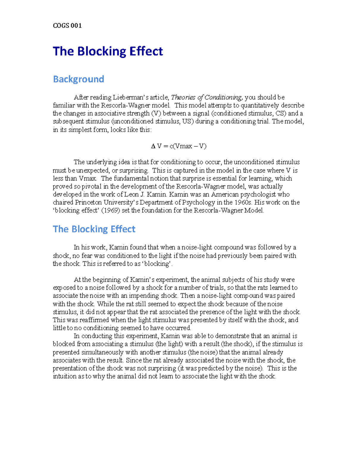 Blocking Handout - Notes - COGS 001 The Blocking Effect Background ...