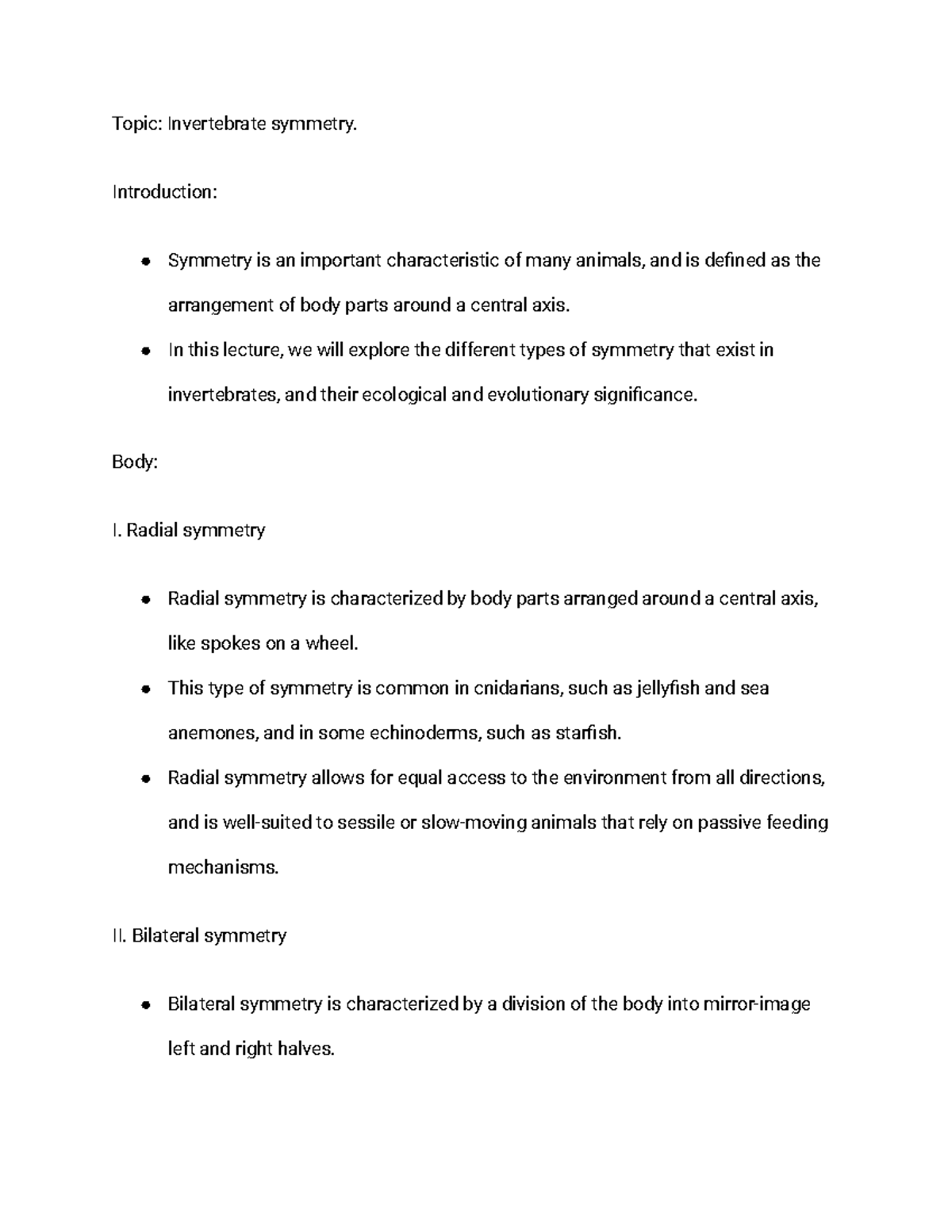 Topic Invertebrate symmetry - Introduction: Symmetry is an important ...