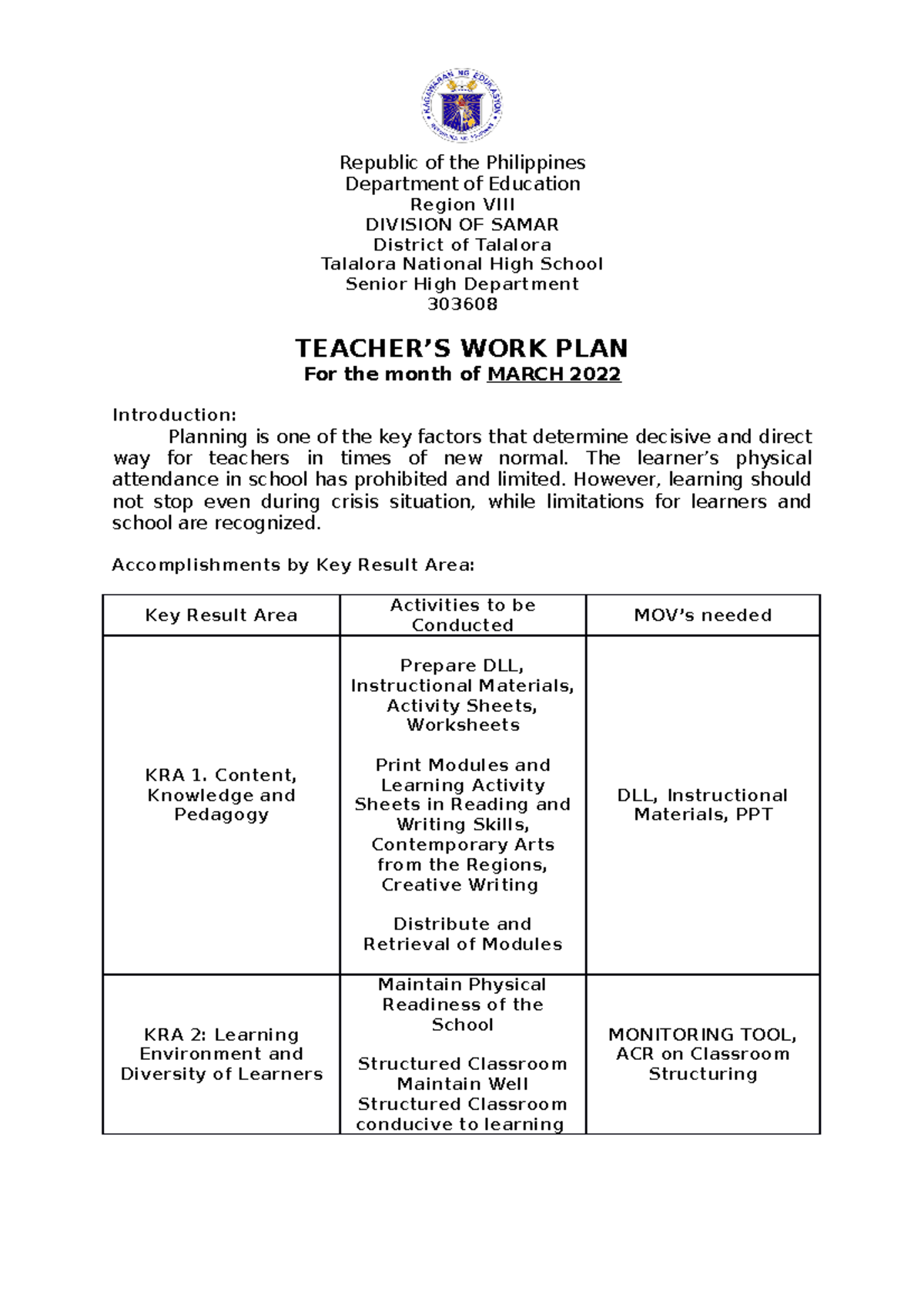 Workplan - Republic of the Philippines Department of Education Region ...