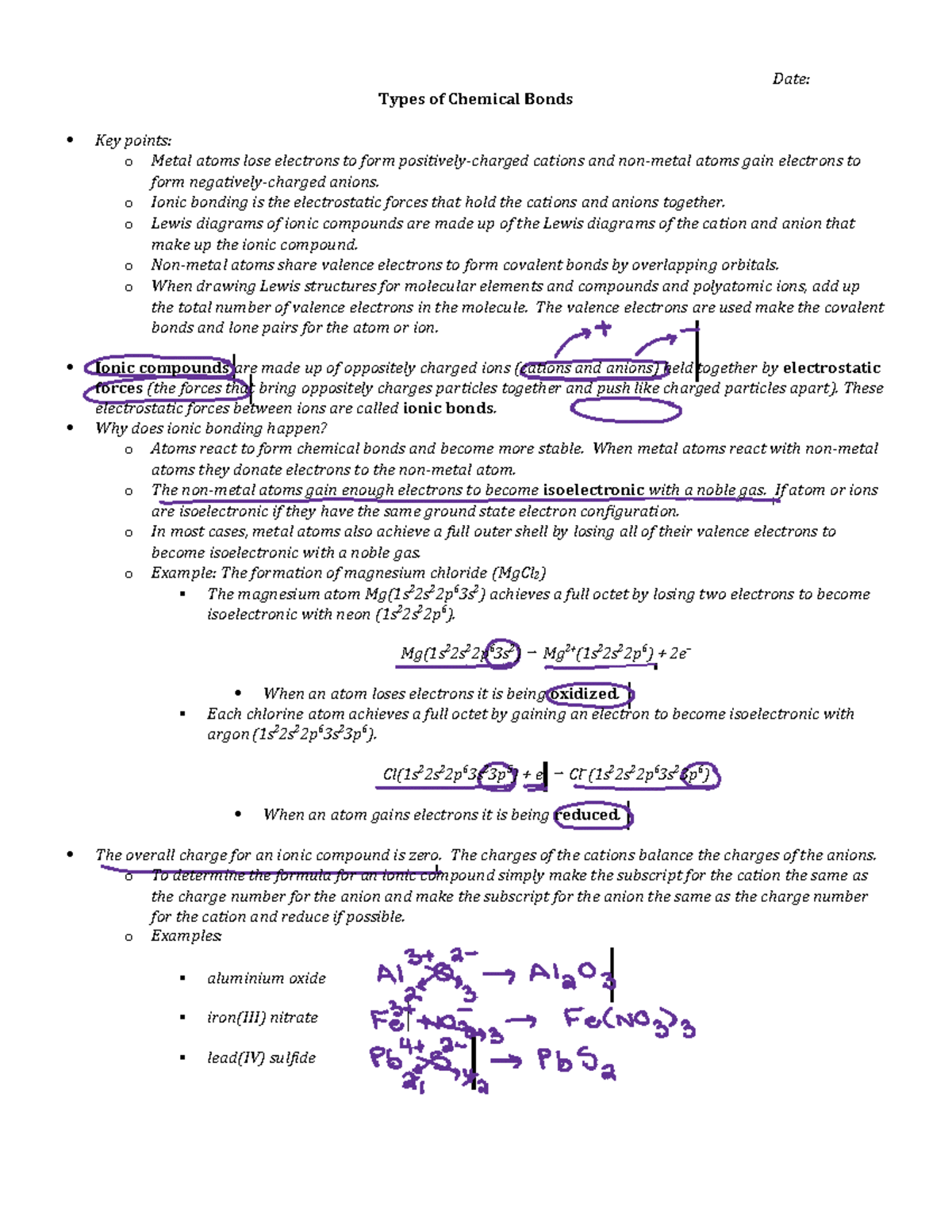 4.1 - Chemical Bonding Completed review - Date: Types of Chemical Bonds ...