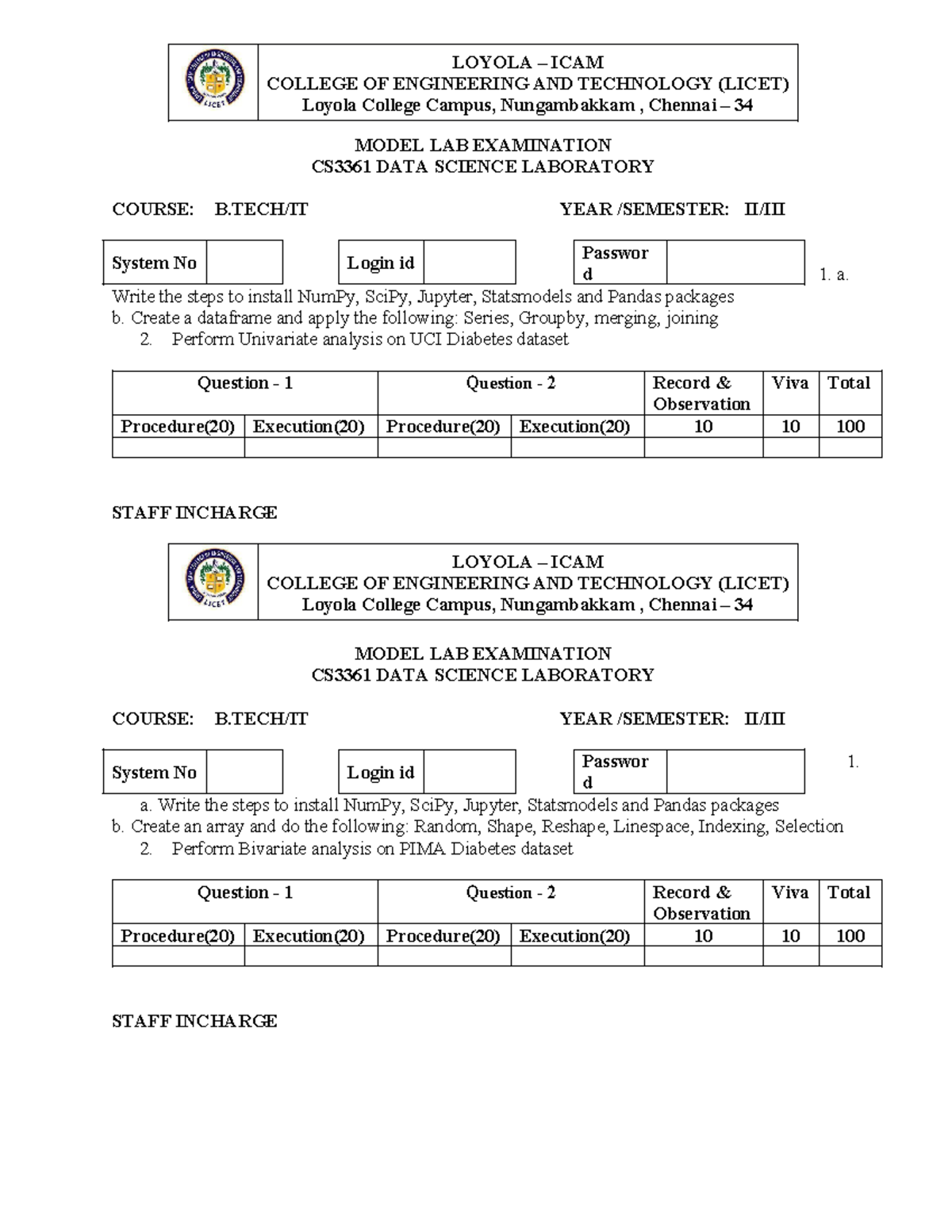 Model Lab Question Bank Model Lab Examination Cs3361 Data Science Laboratory Course Bit Year