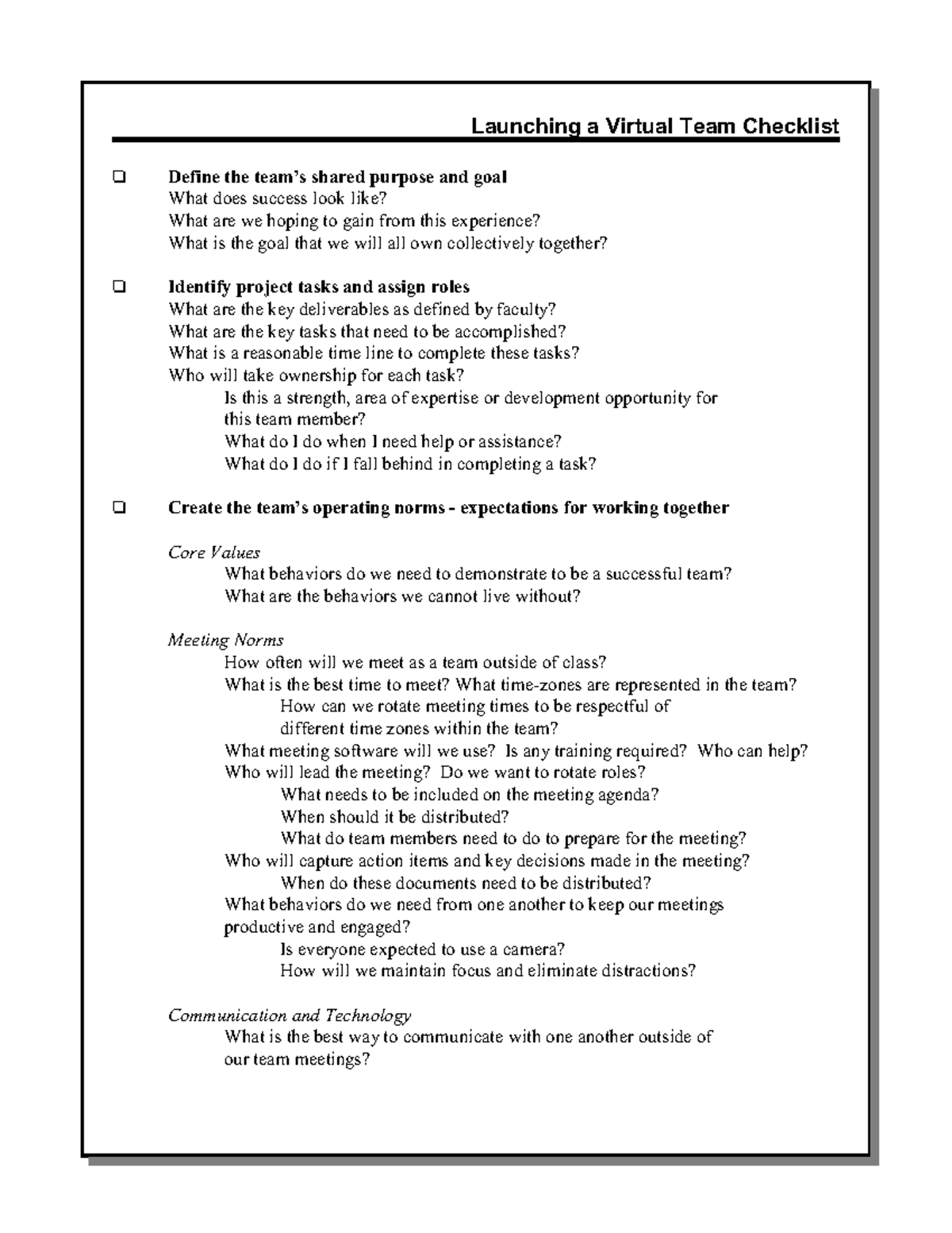Launching a Virtual Team Checklist - ) Document Sharing - How will we ...