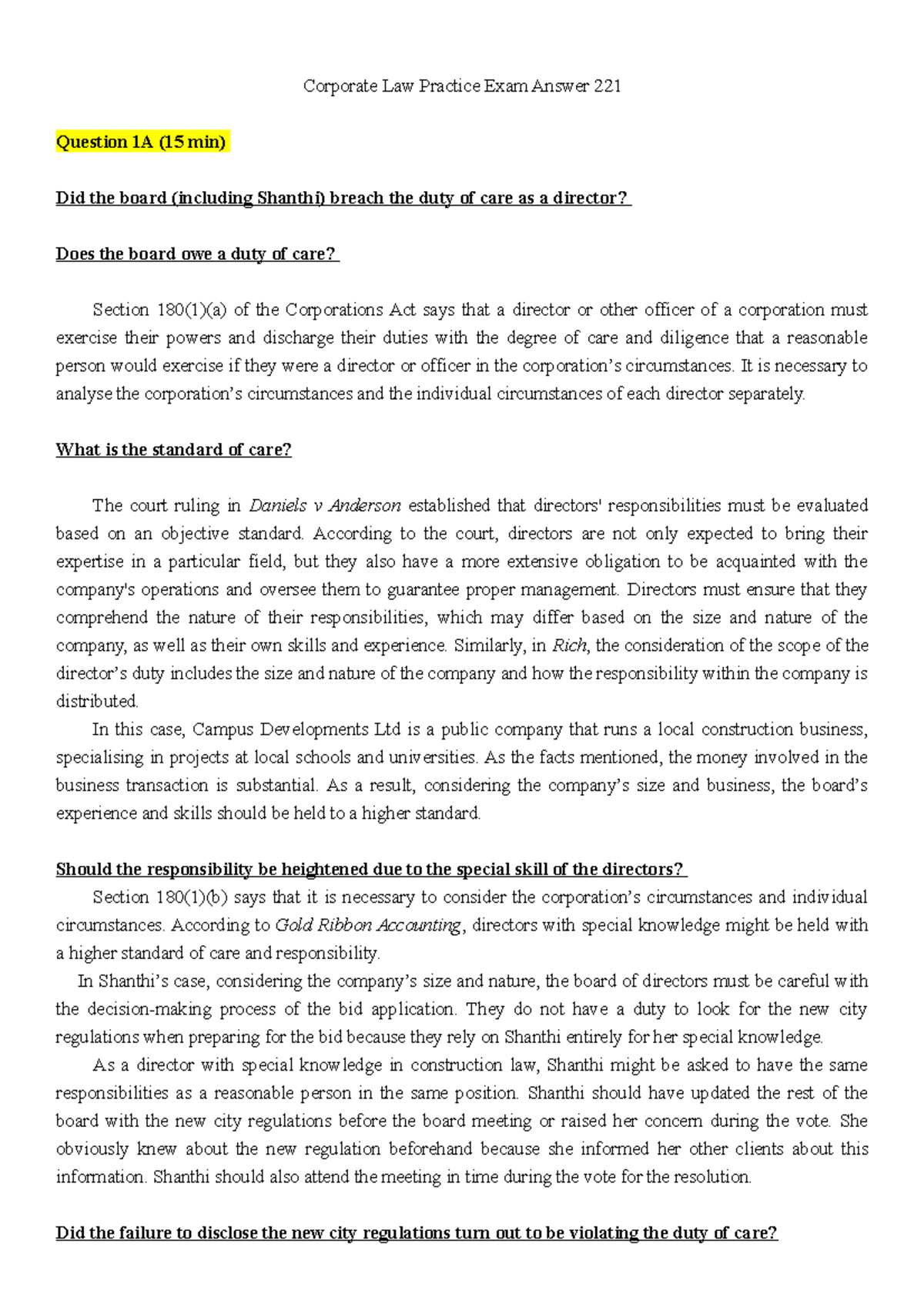 Corporate Law Practice Exam 221 Answer It Is Necessary To Analyse The