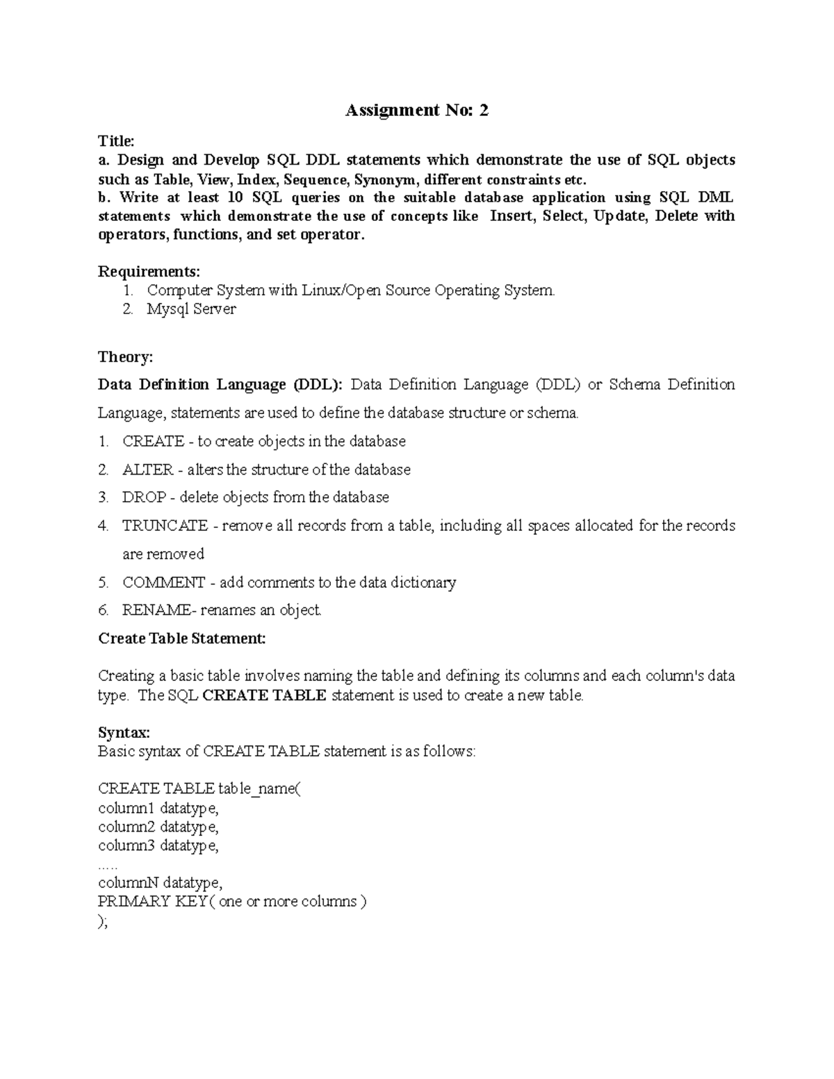 Dbmsl Assignment 2 New Assignment No 2 Title A Design And Develop Sql Ddl Statements Which 9611