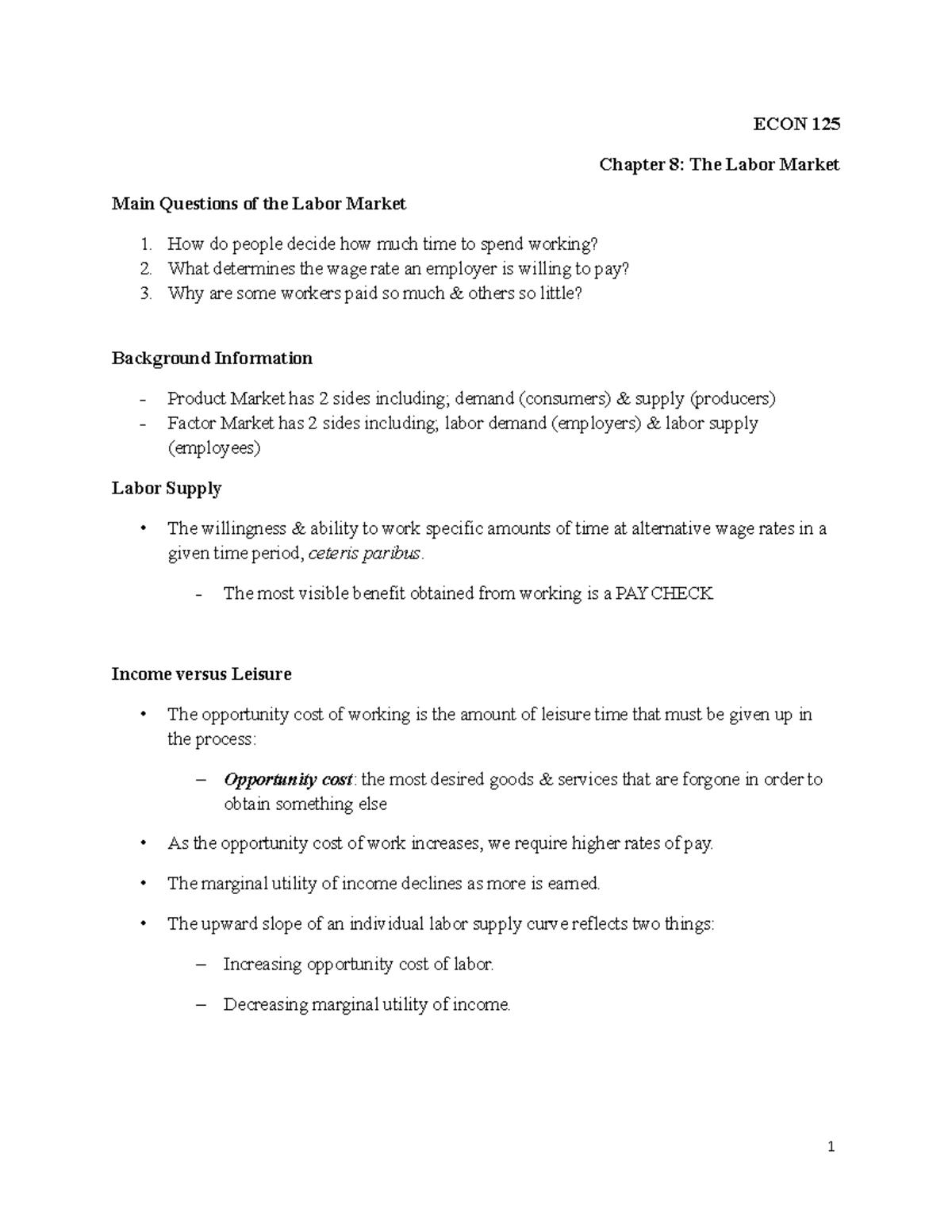 Ch 8- Lecture Notes - ECON 125 Chapter 8: The Labor Market Main ...