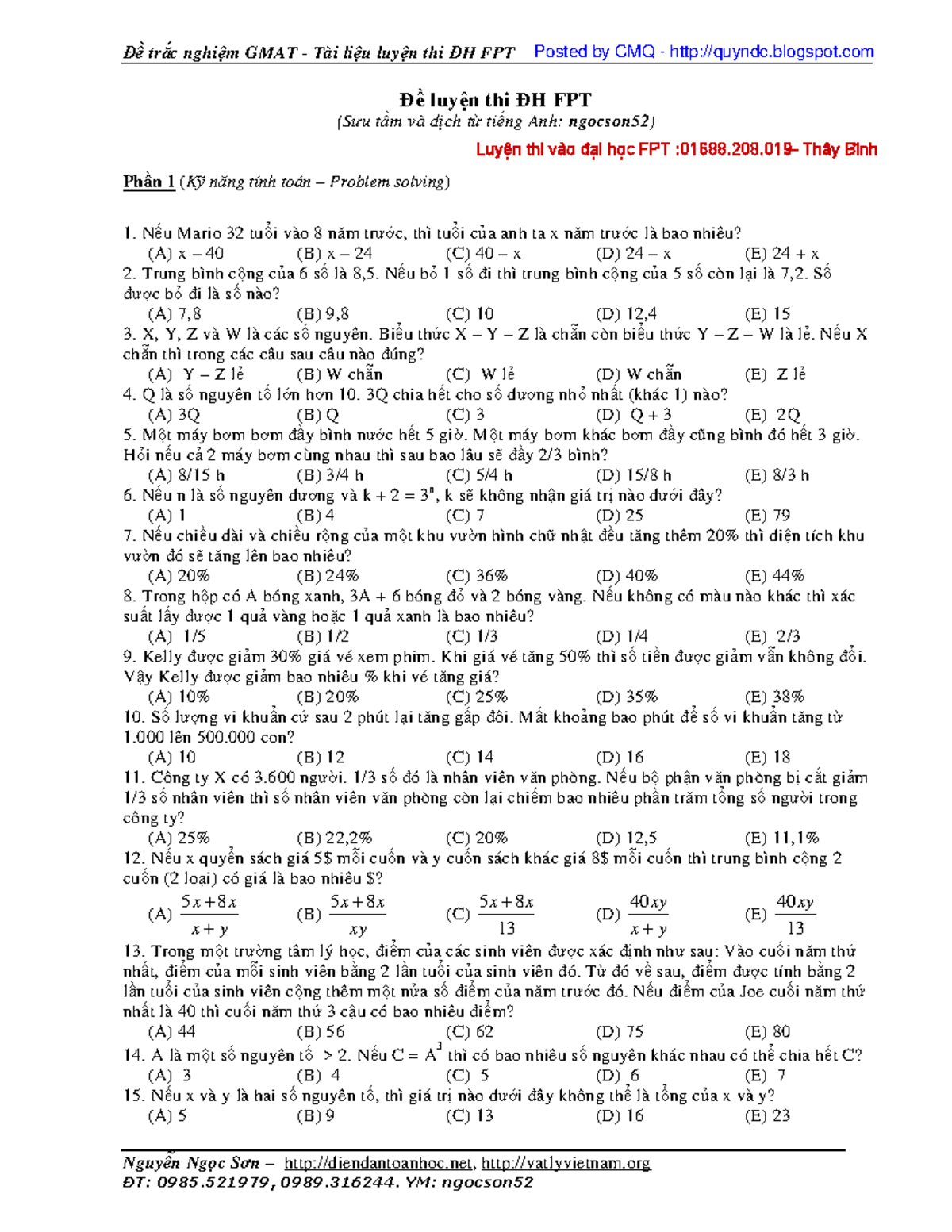 111Cautracnghiem-FPT - Nguy n Ng c Sơn – diendantoanhoc, vatlyvietnam ð luy n thi ðH FPT (Sưu t ...