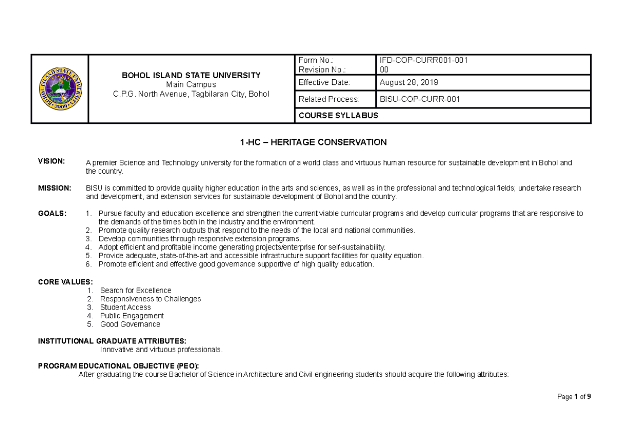 Syllabus - 1-HC – HERITAGE CONSERVATION VISION: A premier Science and ...
