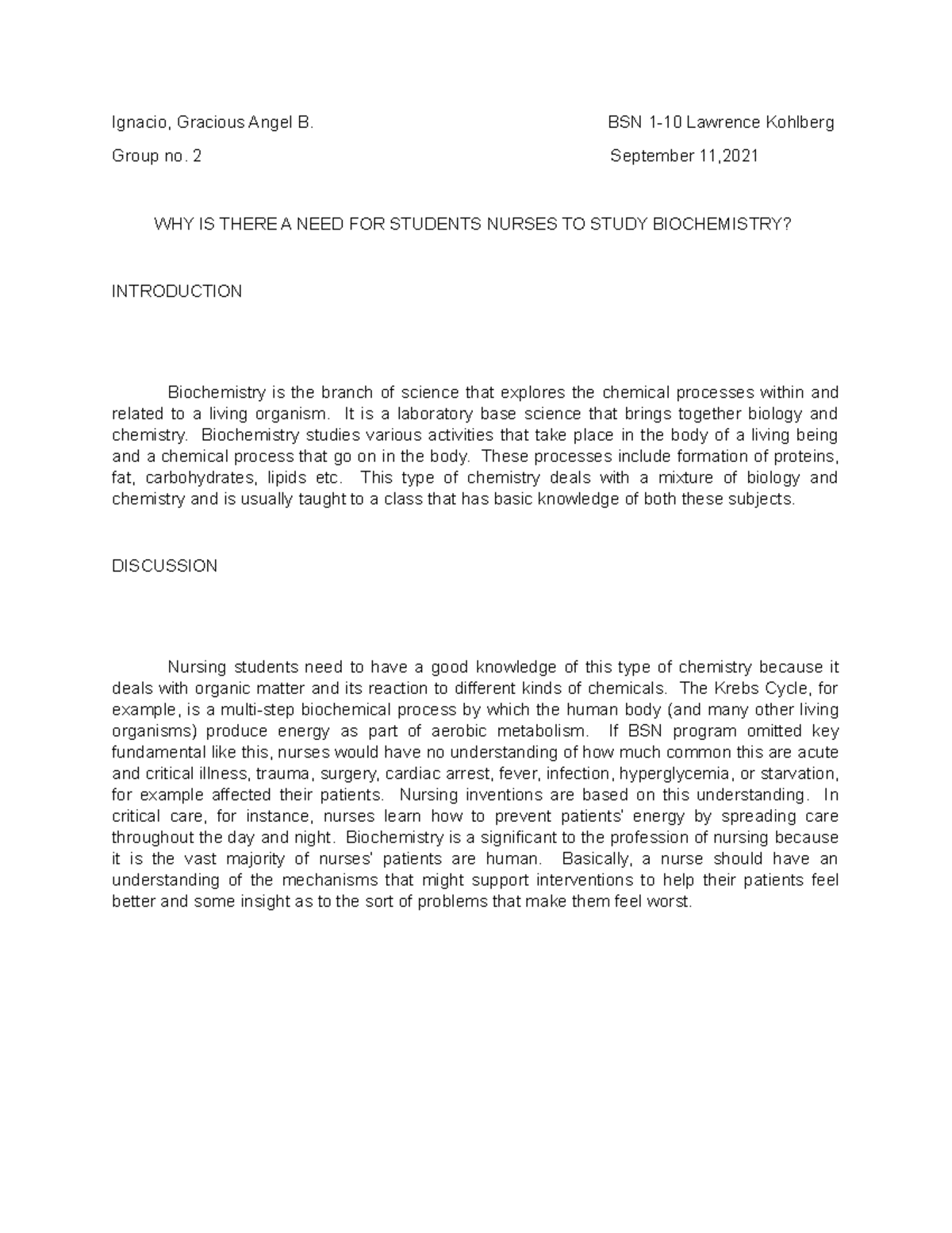Biochem LEC Essay - Ignacio, Gracious Angel B. BSN 1-10 Lawrence ...
