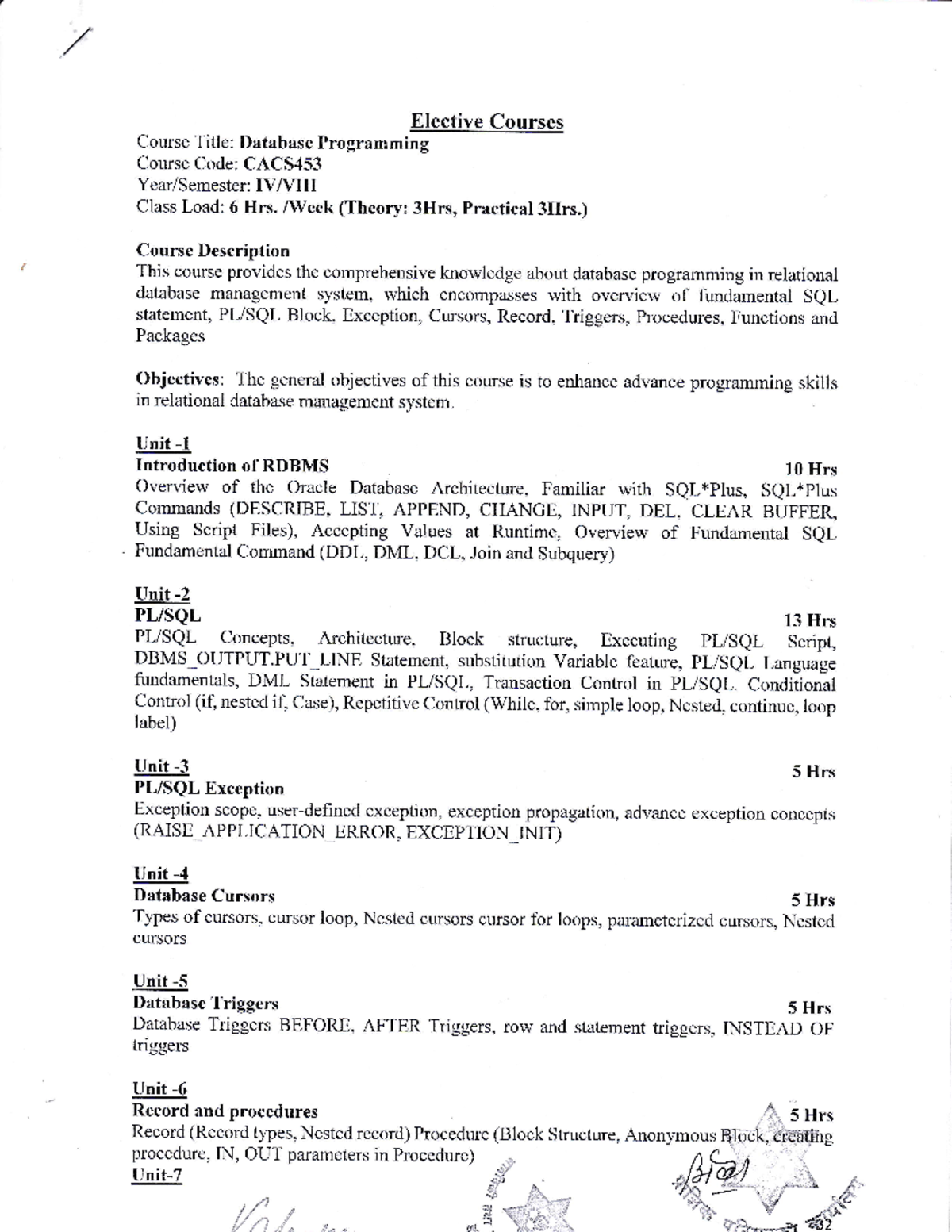 Database Programming - I Elective Courses Course Title: Database ...