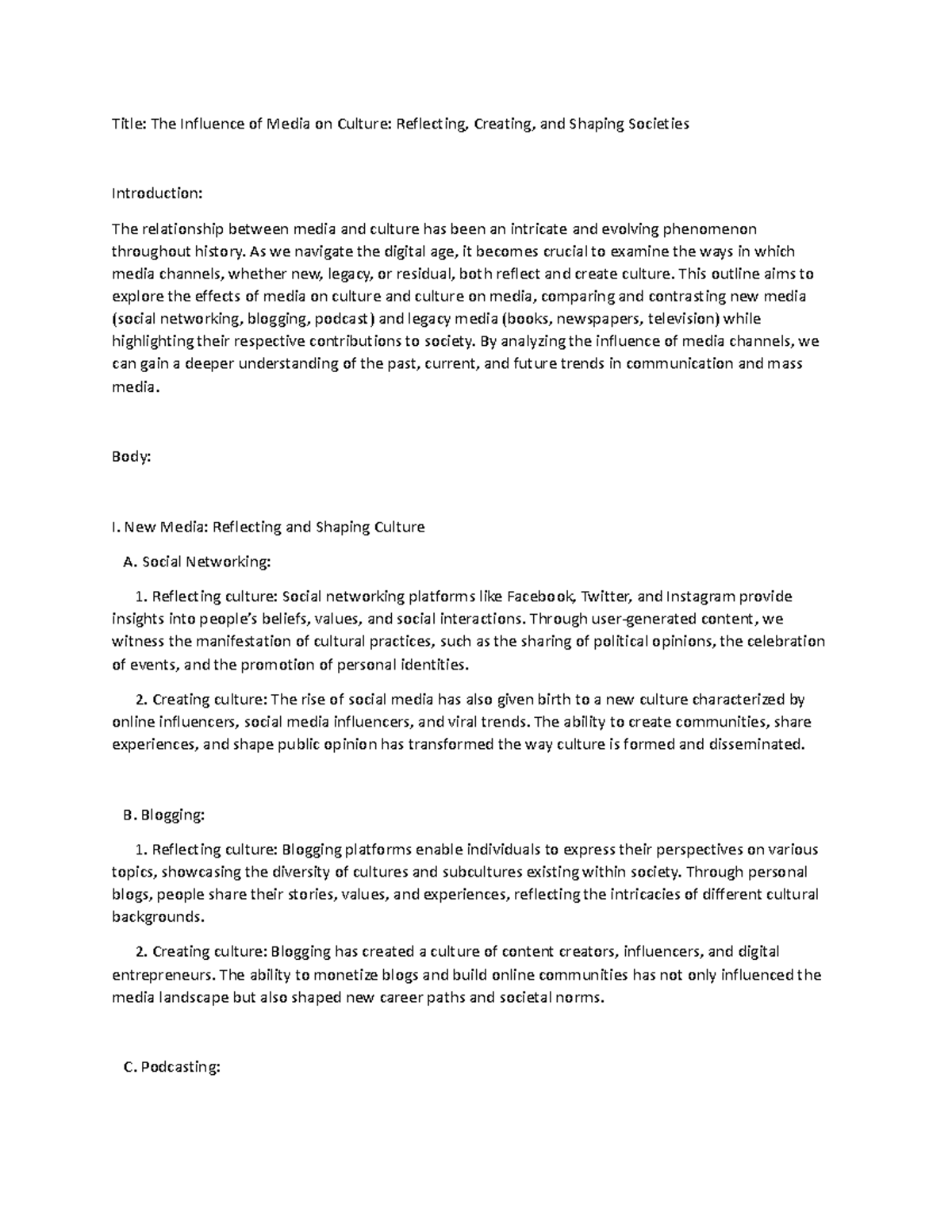 Outline - com-126 - Title: The Influence of Media on Culture ...