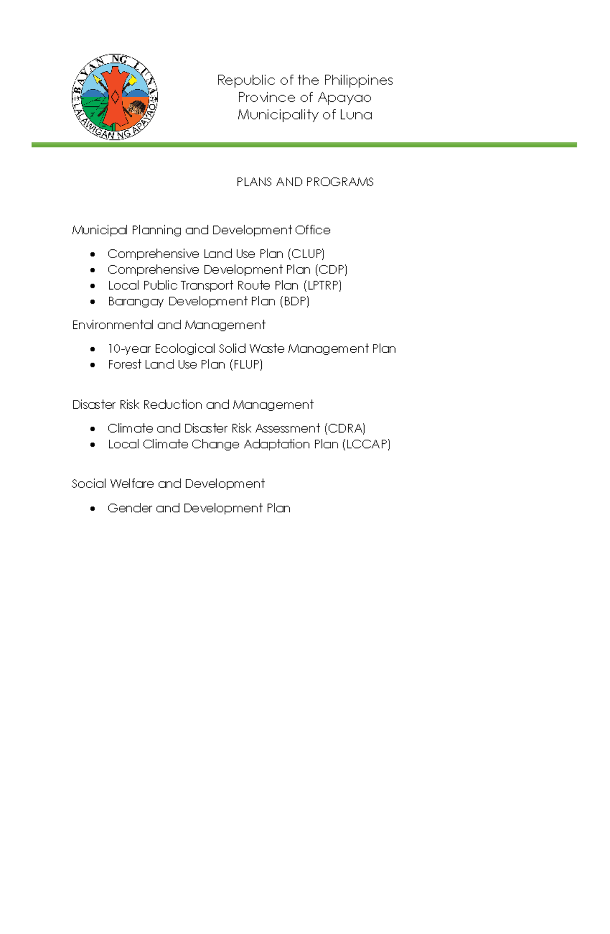 Plans and Programs - NOtes - Republic of the Philippines Province of ...