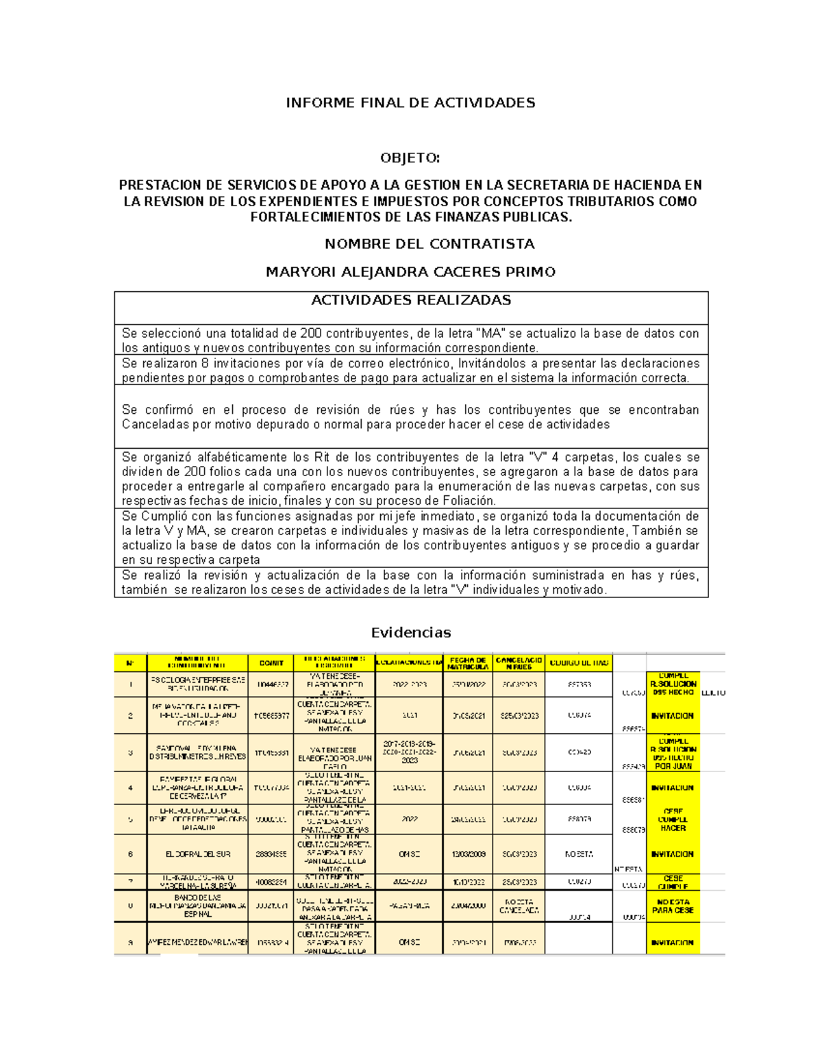 Informe Final DE Actividades - INFORME FINAL DE ACTIVIDADES OBJETO: PRESTACION DE SERVICIOS DE ...