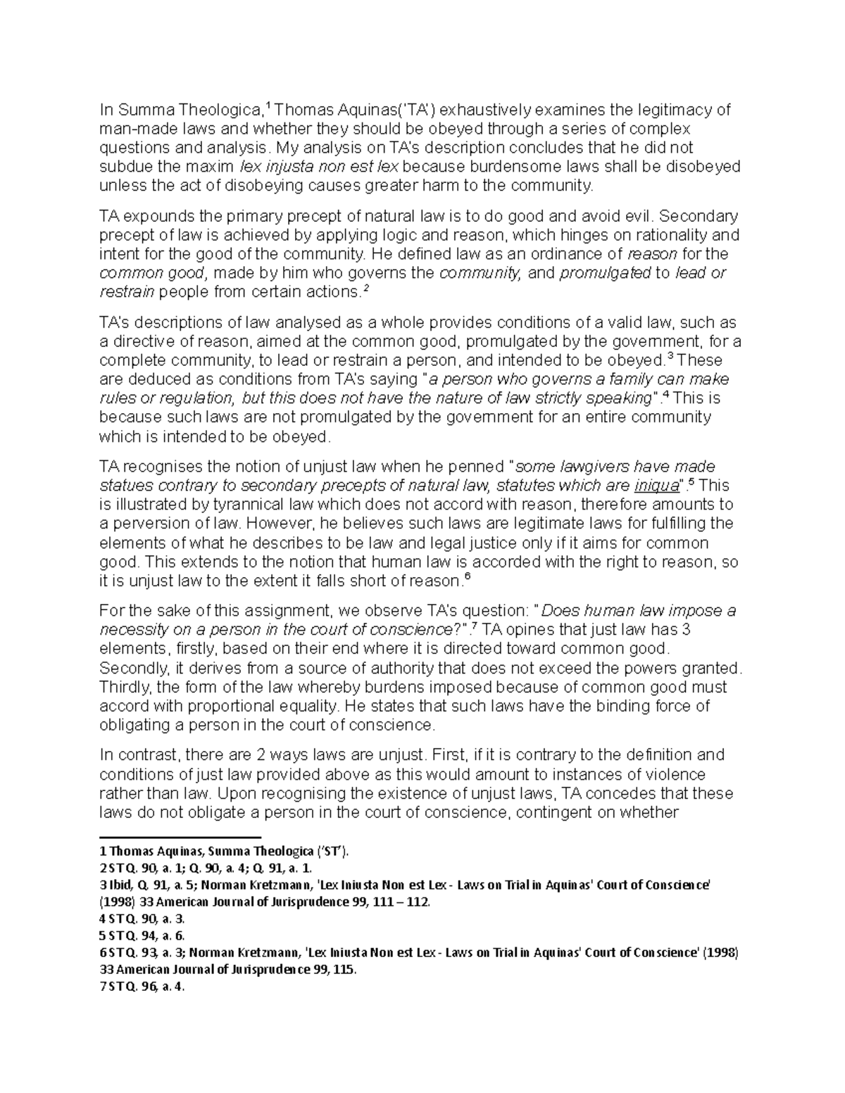 Juris assignment - Aquinas - In Summa Theologica, 1 Thomas Aquinas(‘TA ...