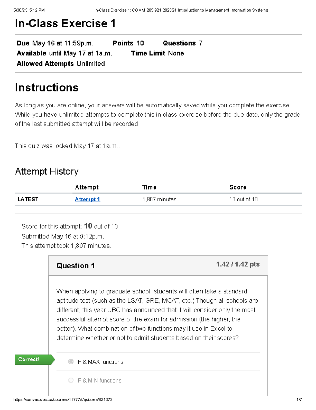 In-Class Exercise 1 COMM 205 921 2023S1 Introduction to Management ...