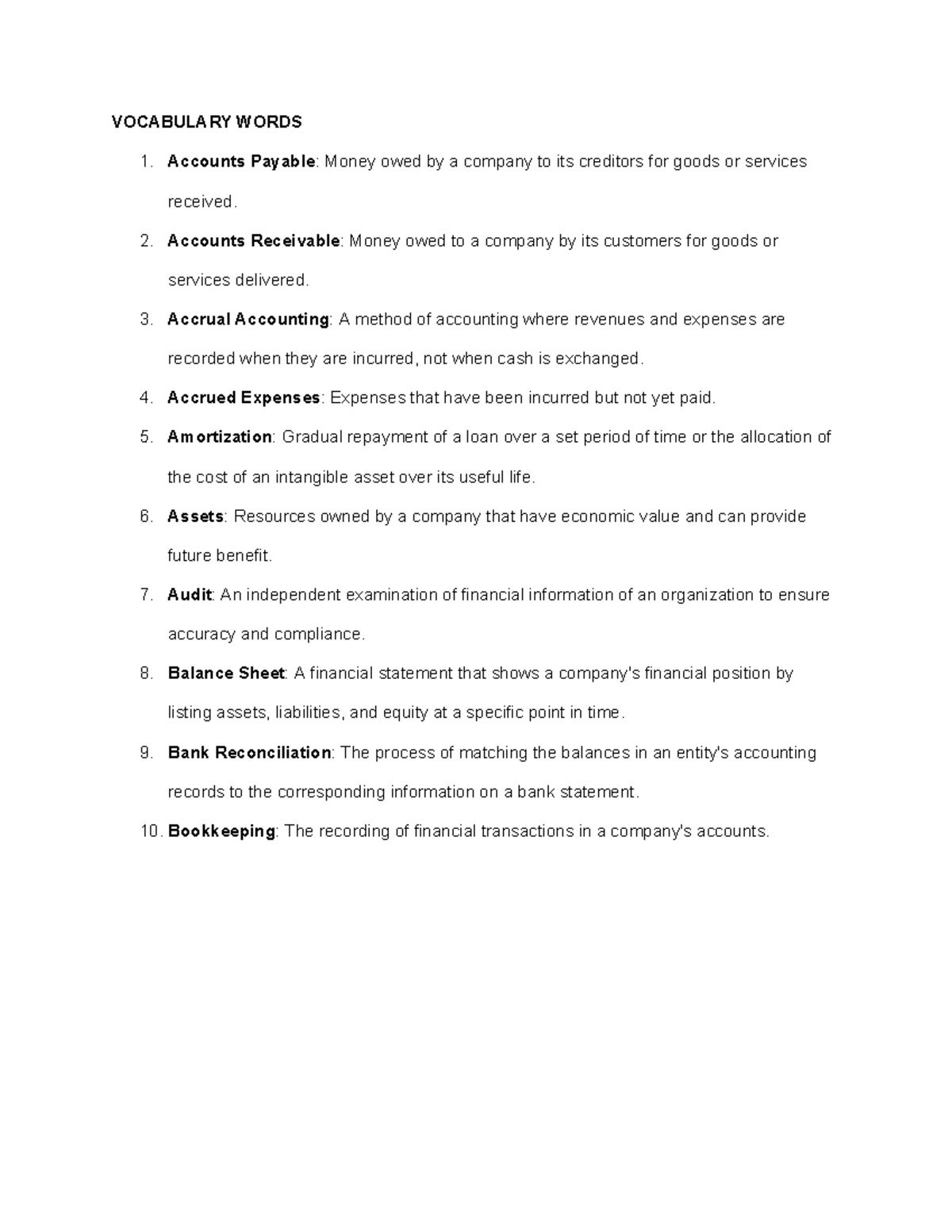 1 - accpunting - VOCABULARY WORDS Accounts Payable: Money owed by a ...