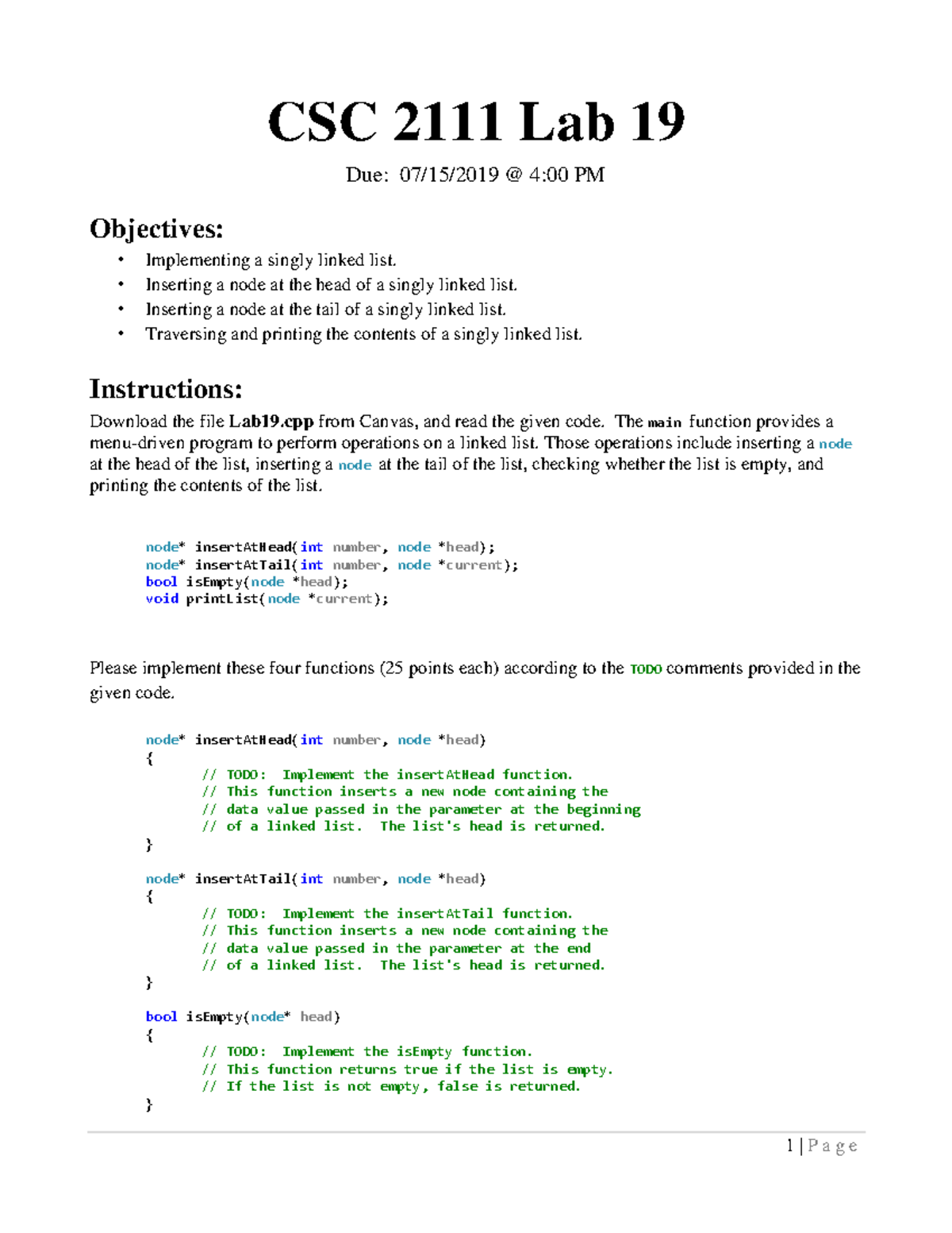 Lab19 Instructions - 1 | P a g e CSC 2111 Lab 19 Due: 07/15/2019 @ 4:00 ...