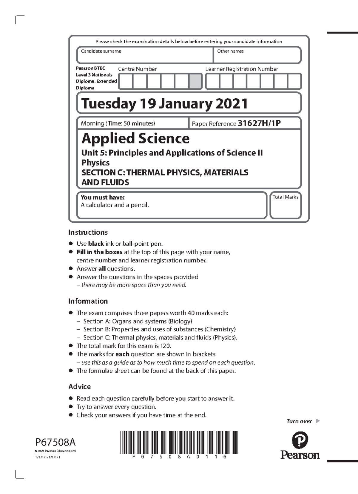 BTEC Applied Science 31627 H 1P Unit 5 Section C Jan 2021 - P67508A0116 ...
