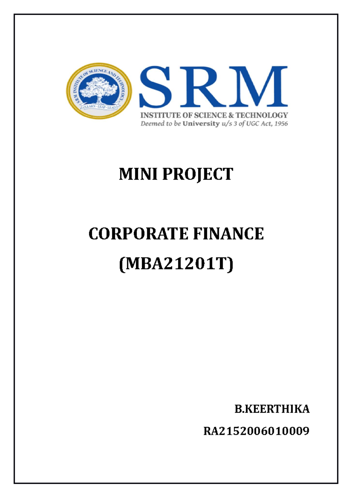 RA2152006 010009 CFIN - MINI PROJECT CORPORATE FINANCE (MBA21201T) B RA ...