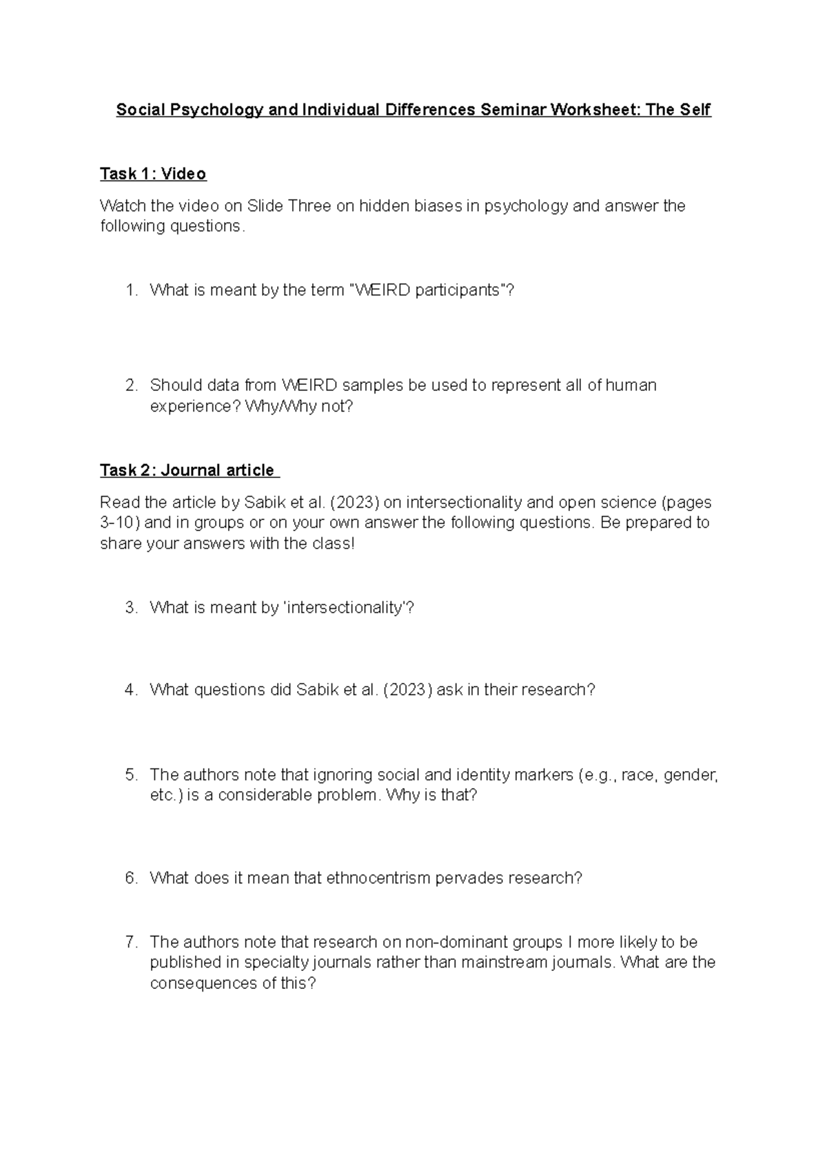 The self seminar worksheet - Social Psychology and Individual ...