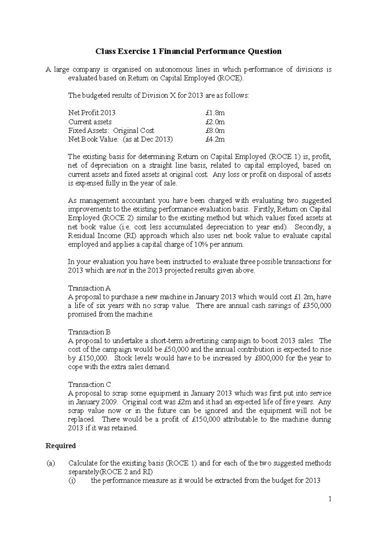 Performance Measurement Exercise - Class Exercise 1 Financial ...