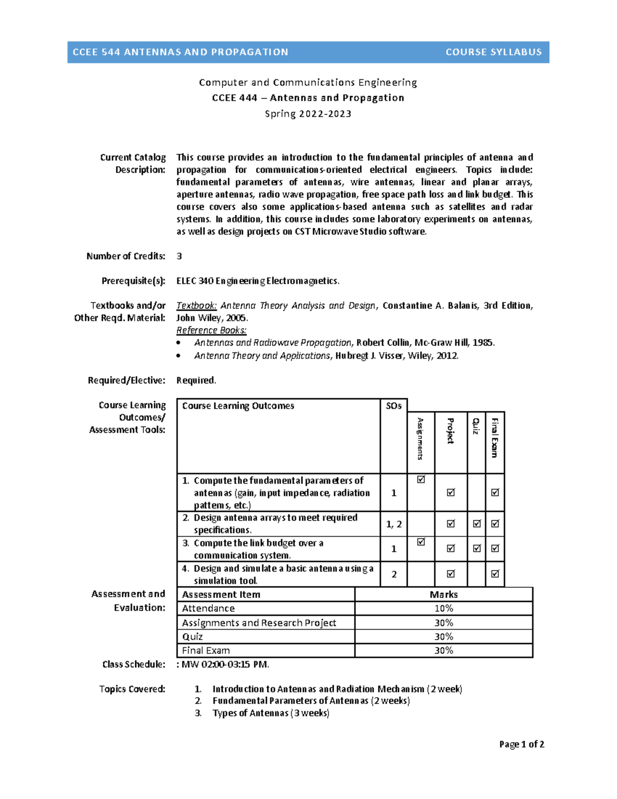 CCEE444 ABET Syllabus 22 23 03578 c41edf2a24e93abeeee 7fce9944 - Page 1 of 2 CCEE 544 ANTENNAS ...