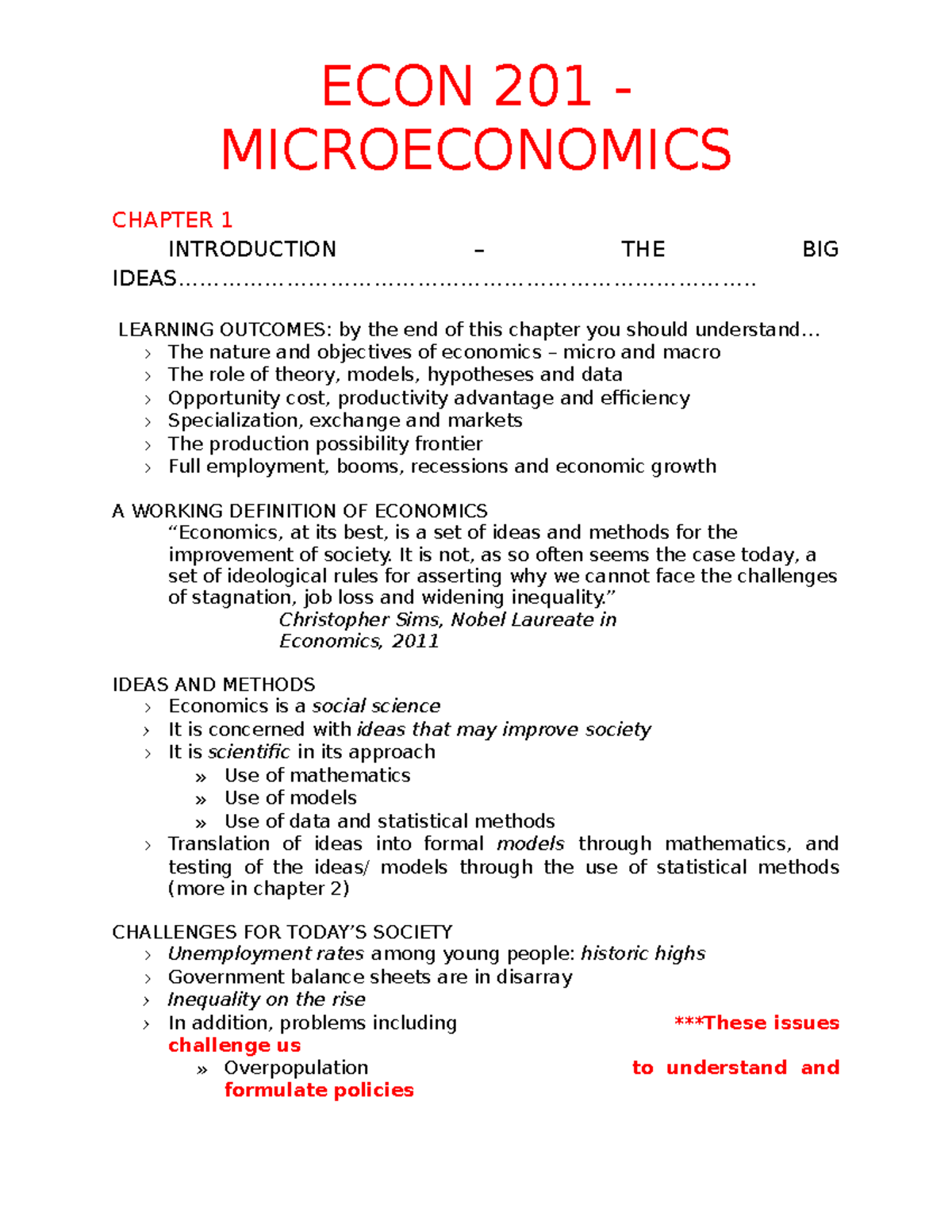 Econ 201 - Microeconomics notes - MICROECONOMICS CHAPTER 1 INTRODUCTION ...
