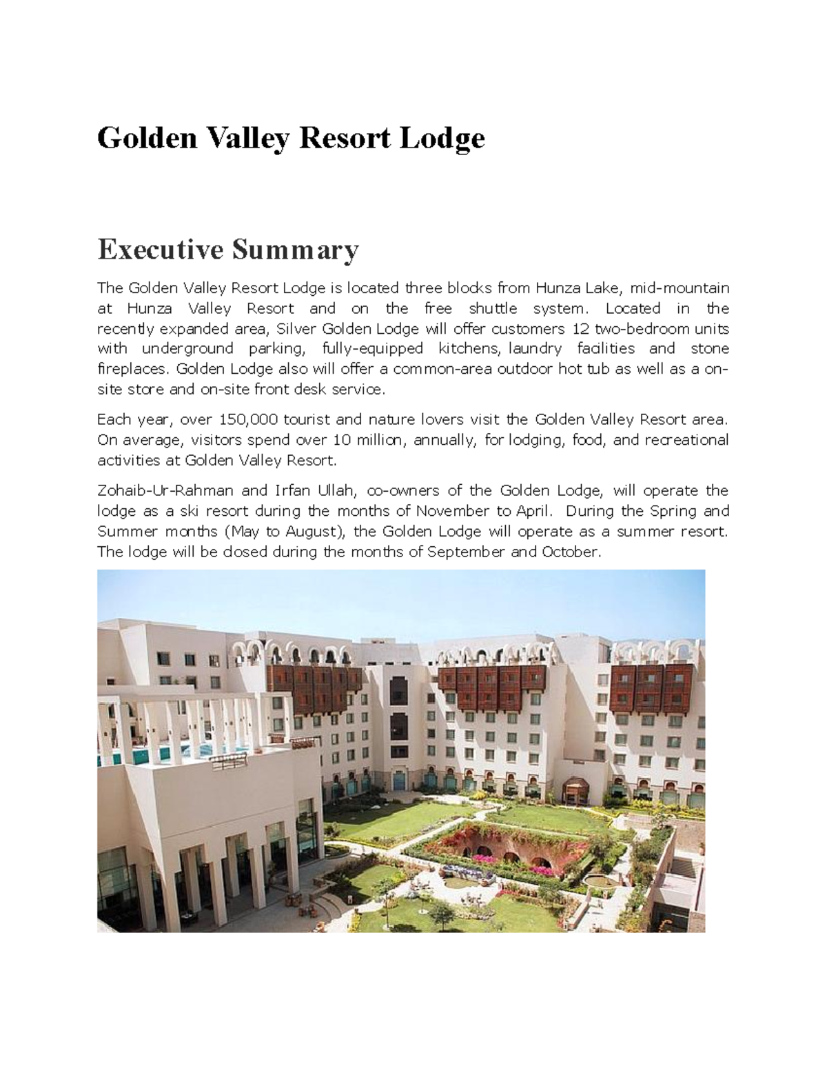 Business Plan Hotel Golden Resort - Golden Valley Resort Lodge ...