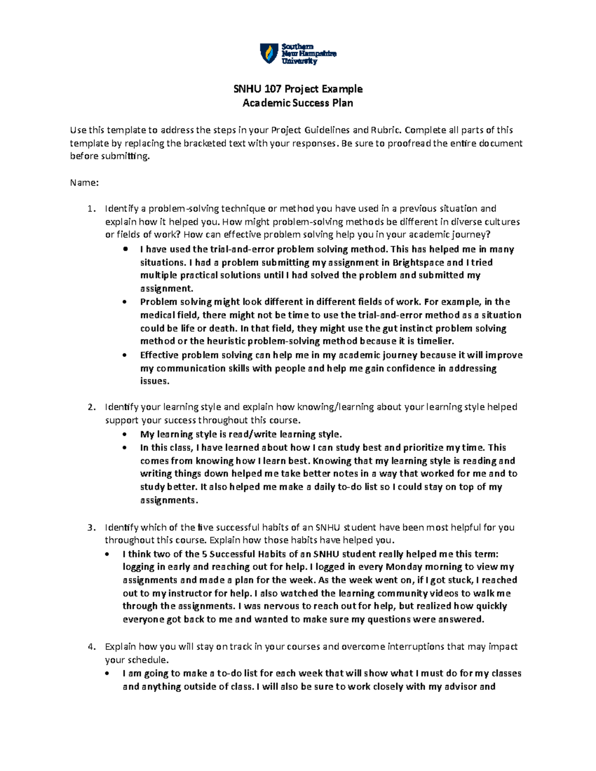 SNHU 107 Project Example - SNHU 107 Project Example Academic Success Plan Use this template to ...