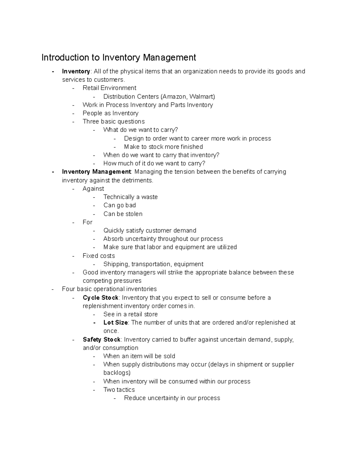 SCMA 320 Module 10 - Introduction to Inventory Management Inventory ...