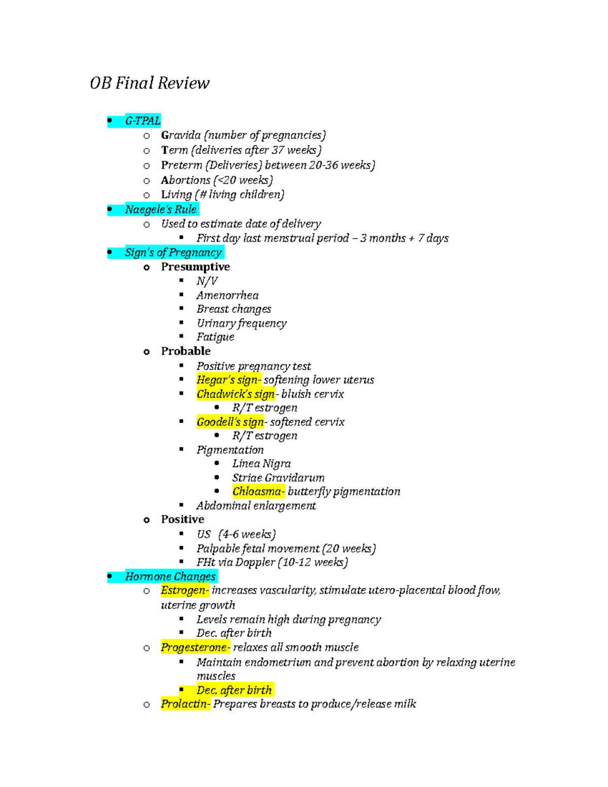 OB Final Review - OB Final Review G-TPAL o G ravida (number of ...