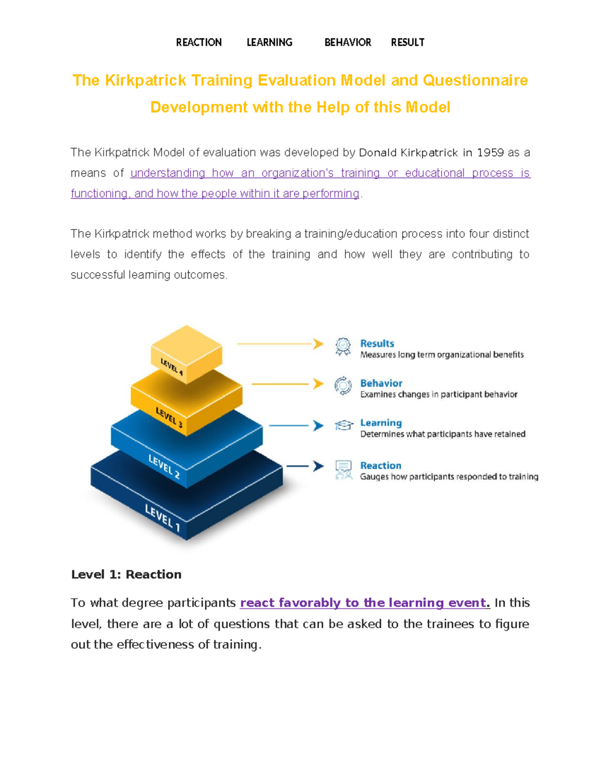 Reaction - The Kirkpatrick Training Evaluation Model and Questionnaire ...