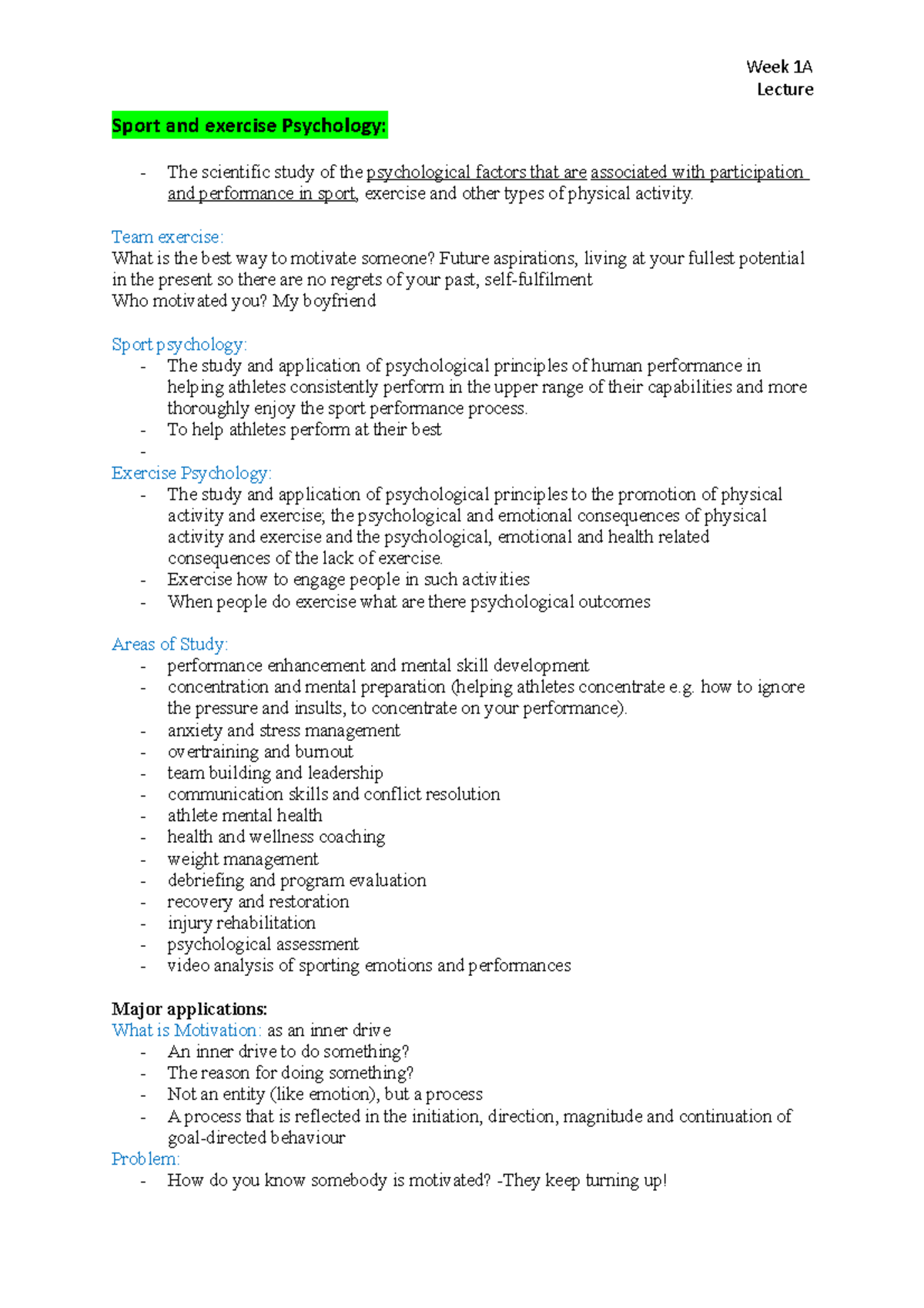 Week 1A - Notes - Week 1A Lecture Sport and exercise Psychology: The ...