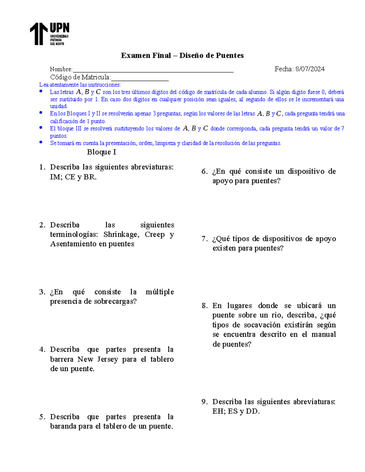 Examen Final - Puentes - 2024 - 1 - Examen Final – Diseño de Puentes ...