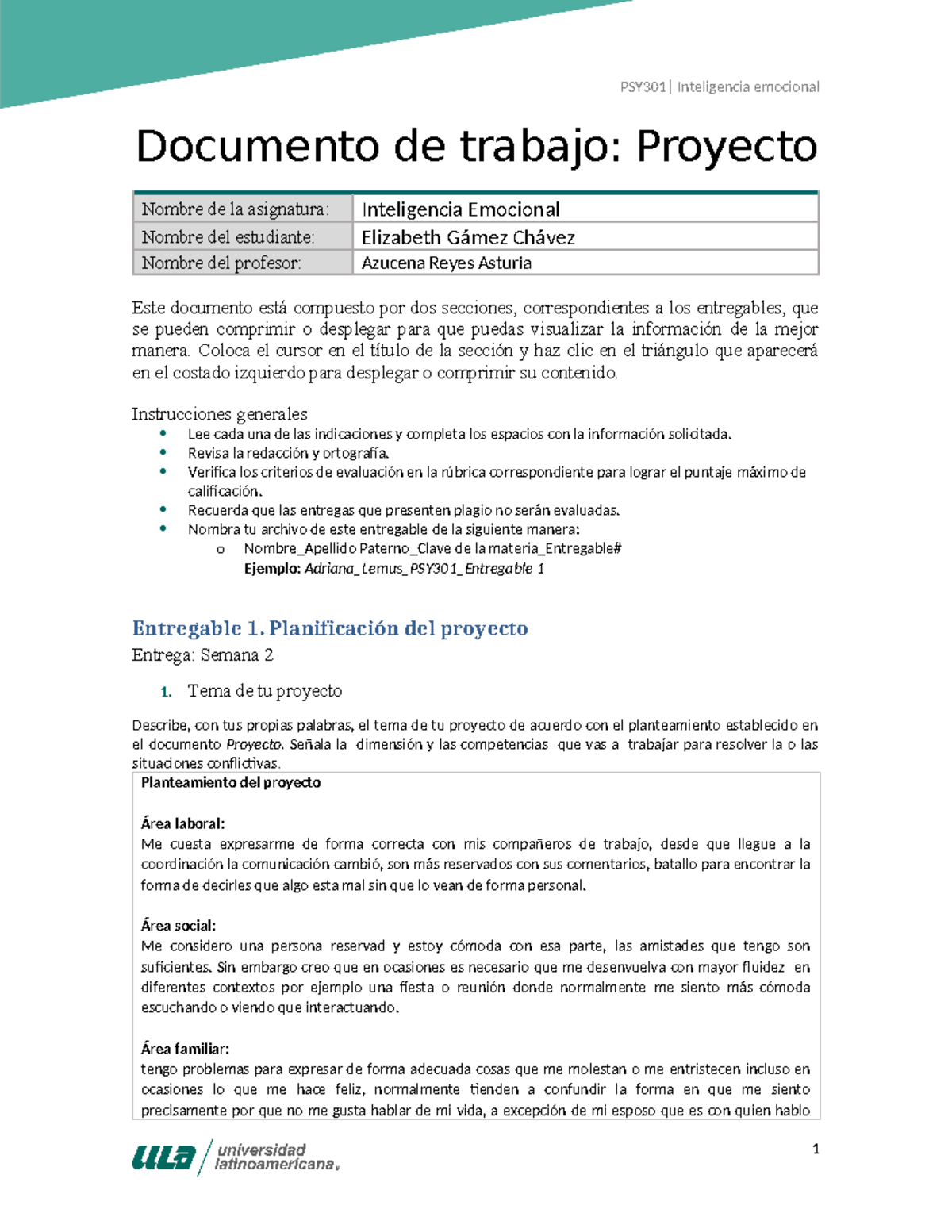 Elizabeth Gamez PSY301 Entregable 1 - Documento de trabajo: Proyecto ...