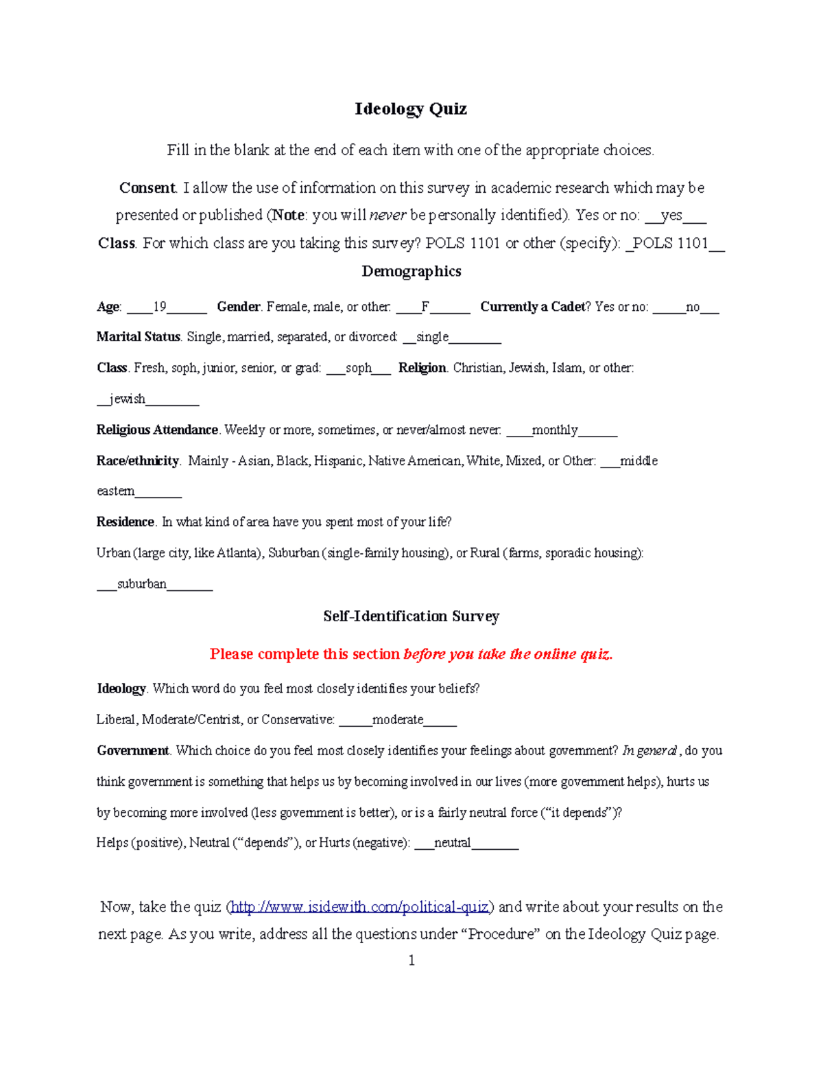 Ideology Quiz - Professor Carl Cavalli - Ideology Quiz Fill in the ...