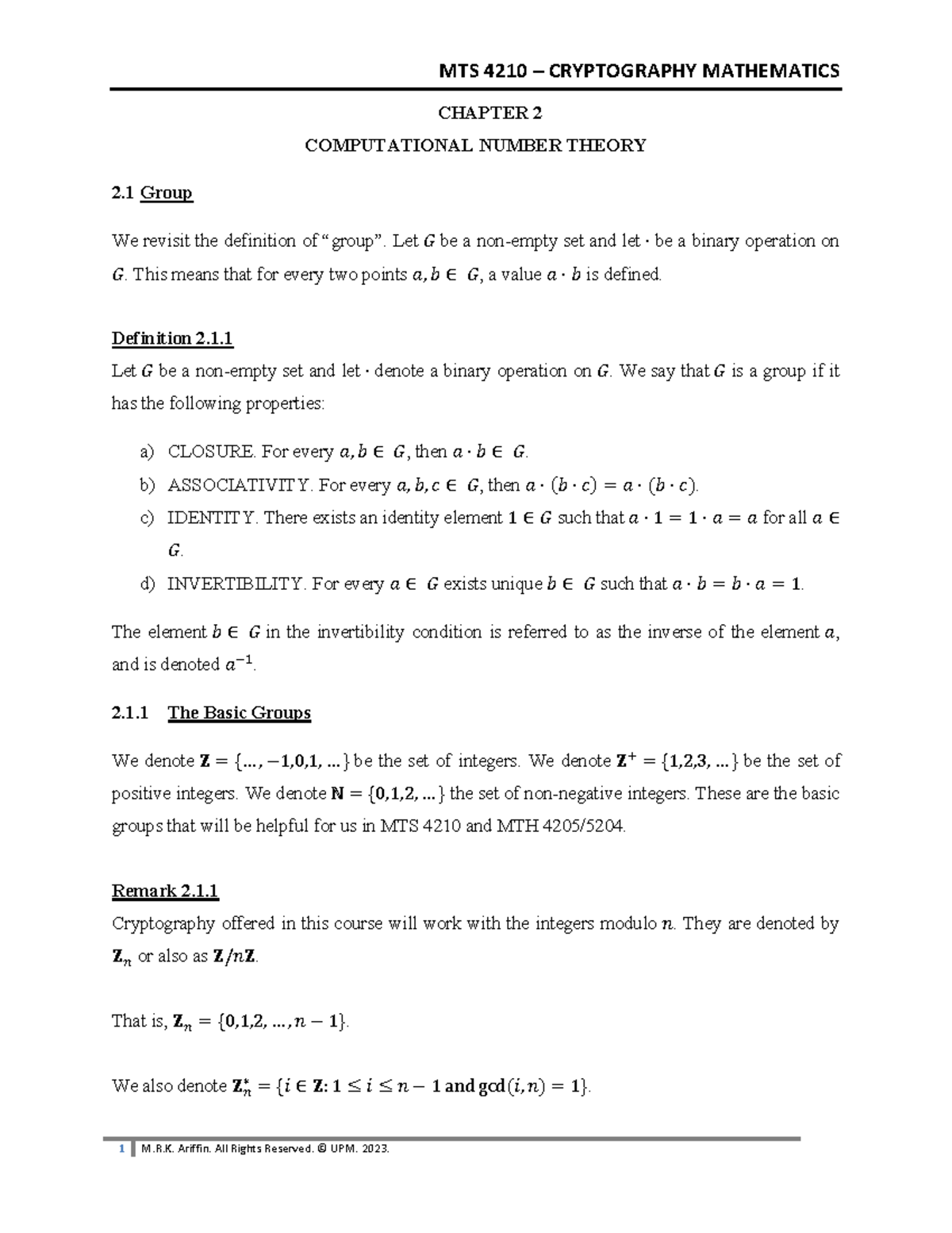 Chapter 2 - Chapter 2 Computational Number Theory 2 Group We Revisit 