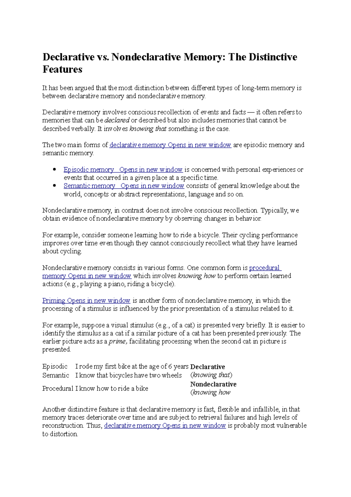 Declarative vs - Nondeclarative Memory: The Distinctive Features It has ...