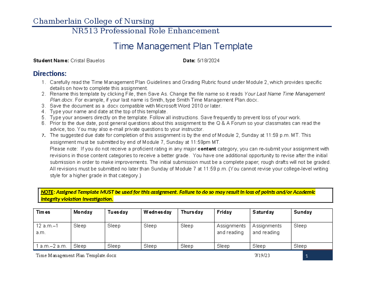 Timemanagementtemplate - NR513 Professional Role Enhancement Time ...
